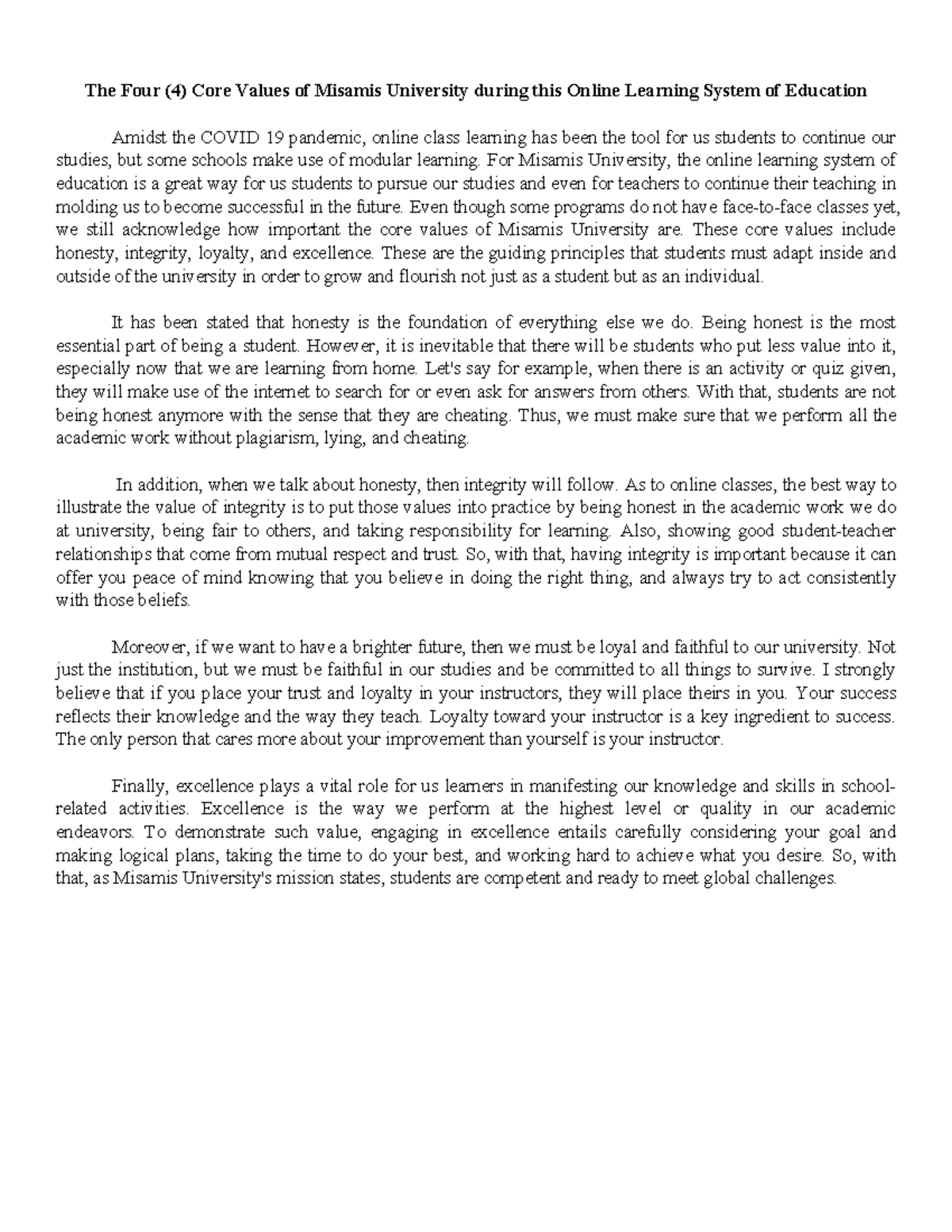Activity 1.0 Reflective Essay - The Four (4) Core Values of Misamis ...