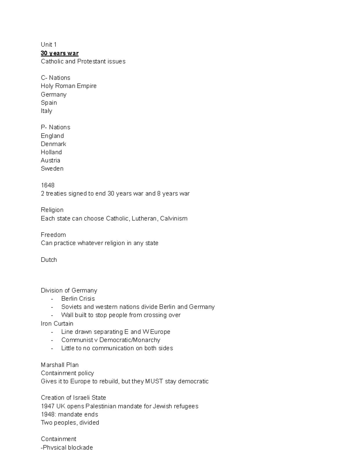 History Notes 12th Grade - Unit 1 30 years war Catholic and Protestant ...