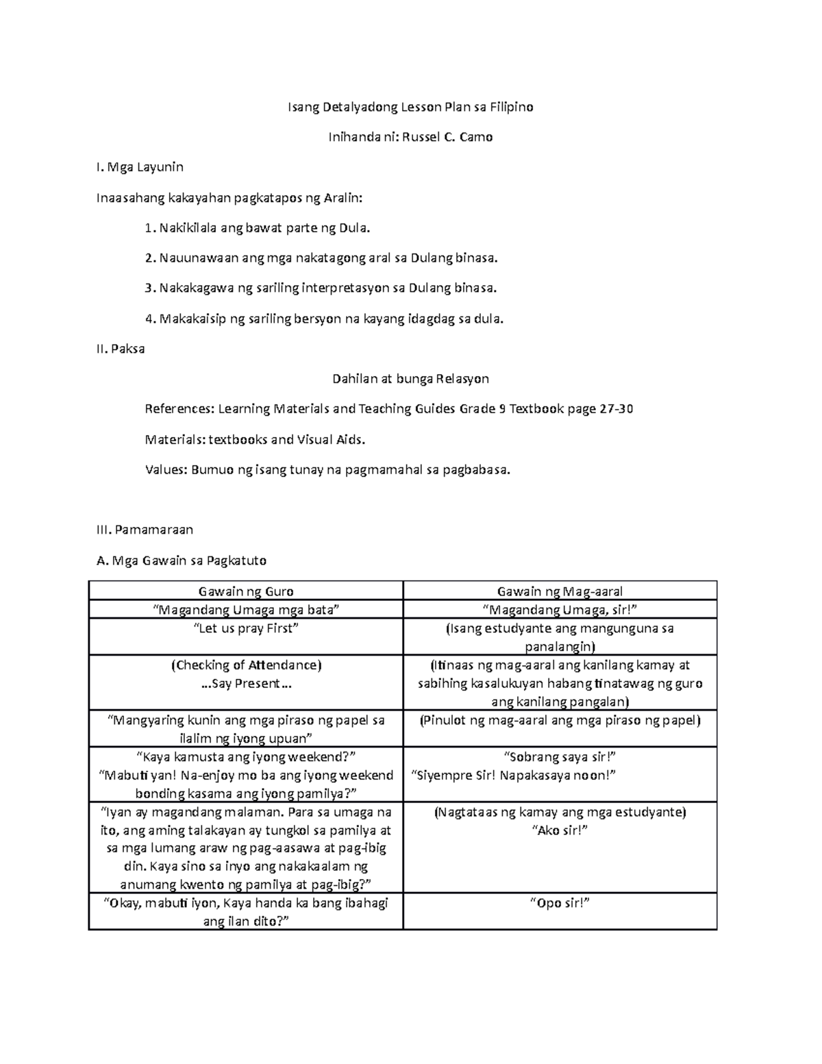 Detailed Lesson Plan - n/a - Isang Detalyadong Lesson Plan sa Filipino ...