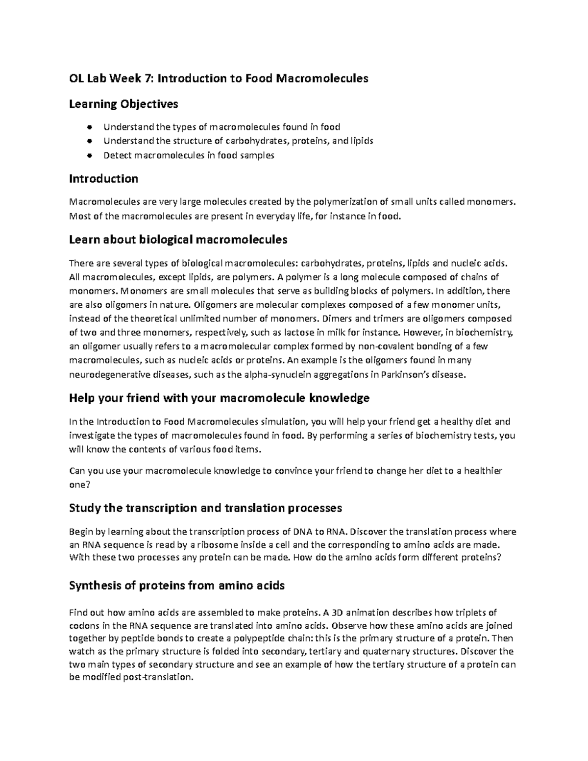 Week 7 Lab-Introduction to Food Macromolecules and Protein Synthesis ...