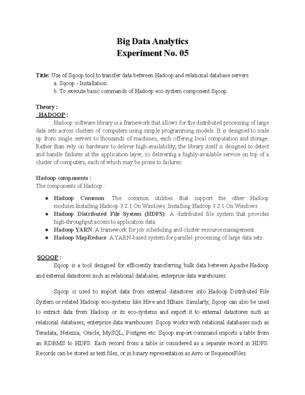 Big Data Analytics Experiment No 5 Big Data Analytics Experiment No 05 Title Use Of Sqoop