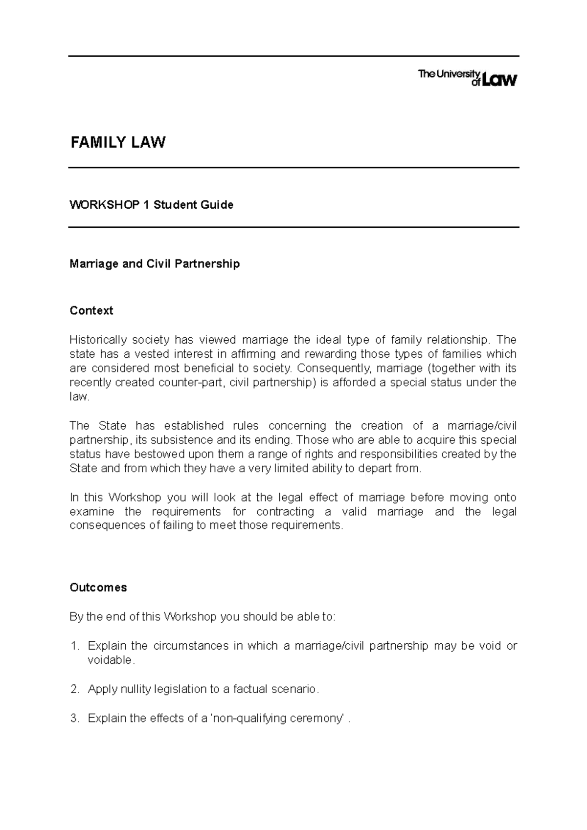 WS 1 - Family Law Student Guide - FAMILY LAW WORKSHOP 1 Student Guide ...