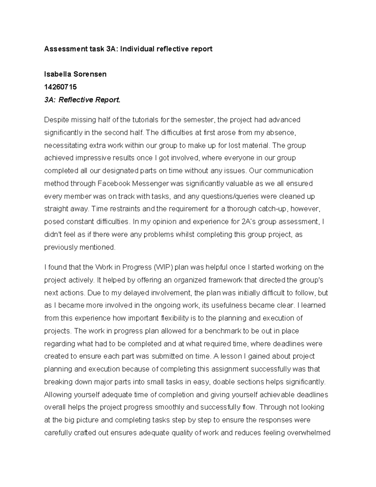 Assessment task 3A - Reflective report - Assessment task 3A: Individual ...