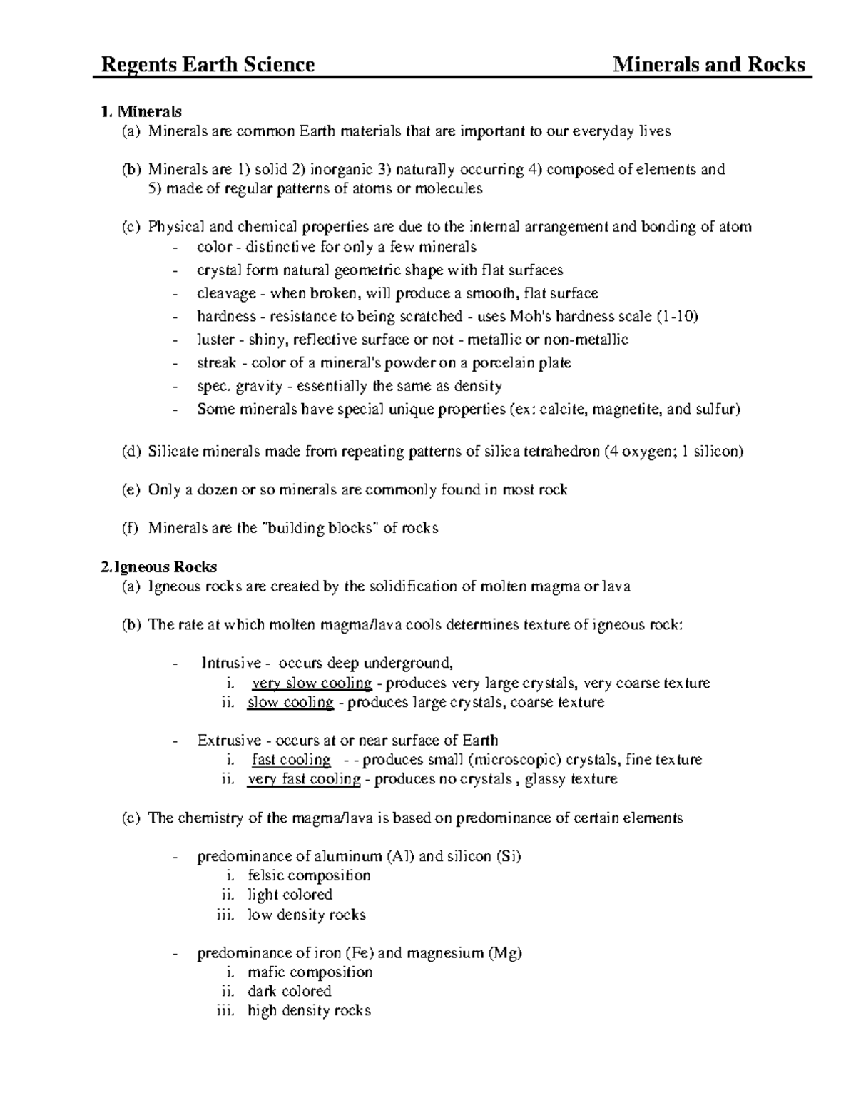03 Rocks and Minerals notes - Regents Earth Science Minerals and Rocks ...