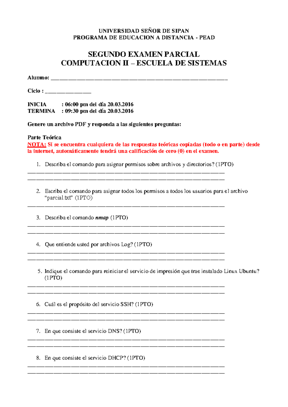 Examen Extemporaneo - UNIVERSIDAD SEÑOR DE SIPAN PROGRAMA DE EDUCACION ...