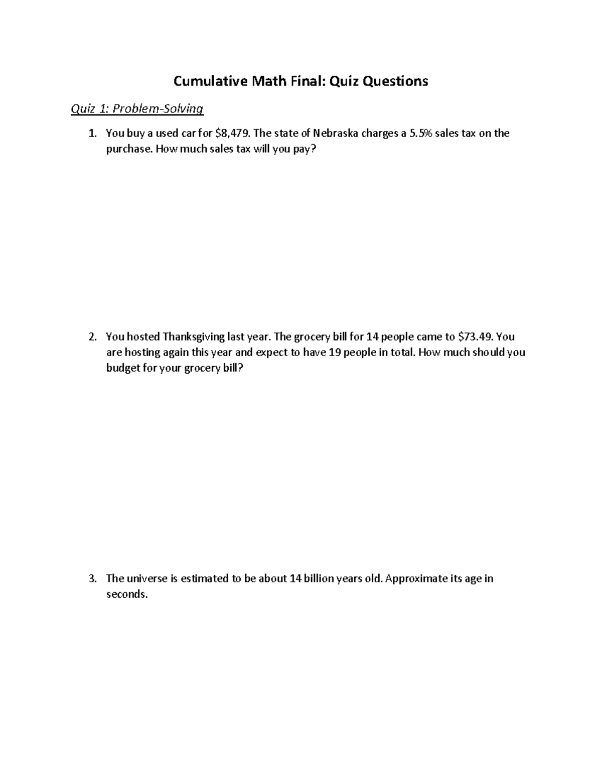 Math Quizzes Practice for Final - Cumulative Math Final: Quiz Questions ...