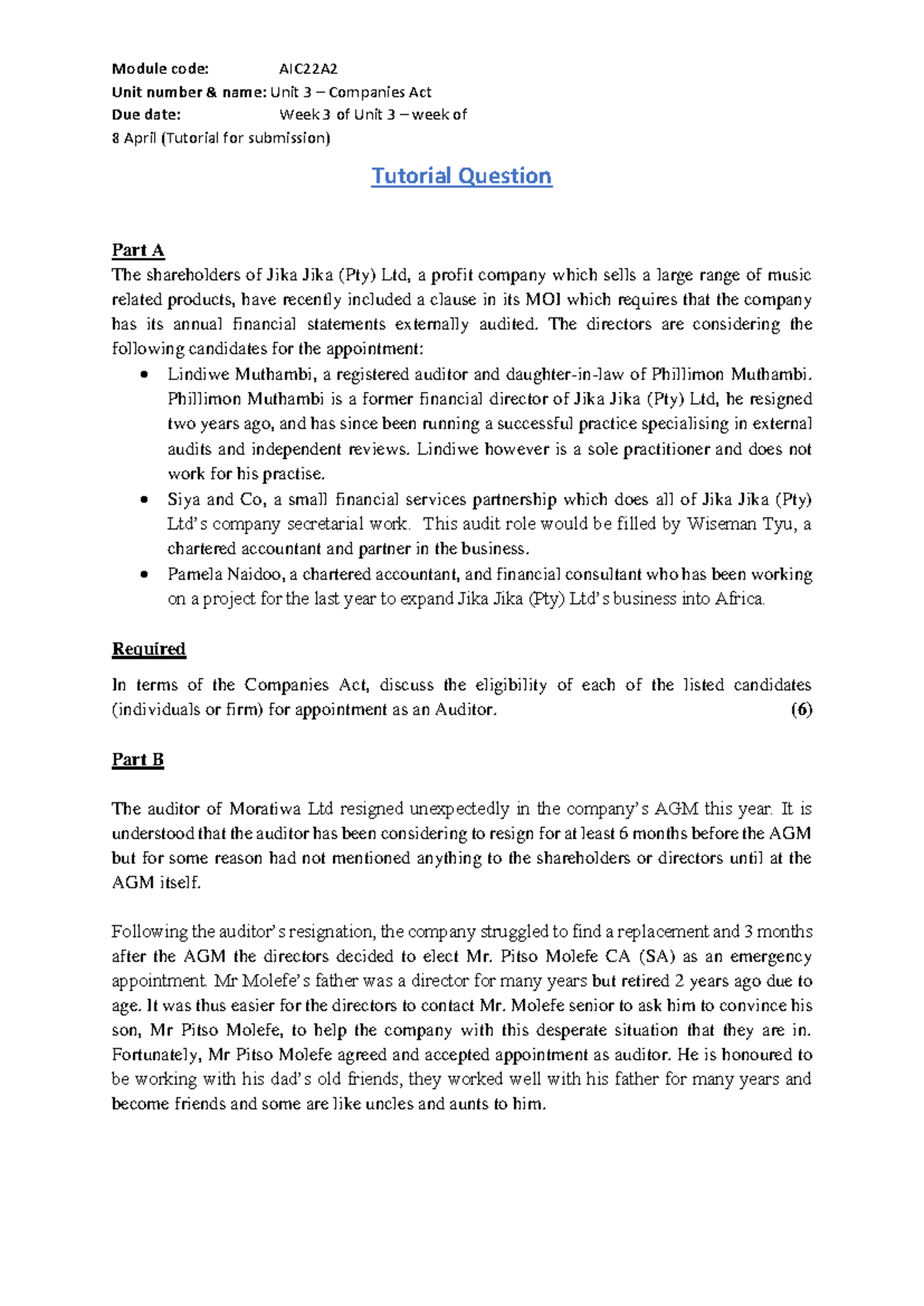 AIC2A Tutorial Question and solution week of 8 April - Module code ...