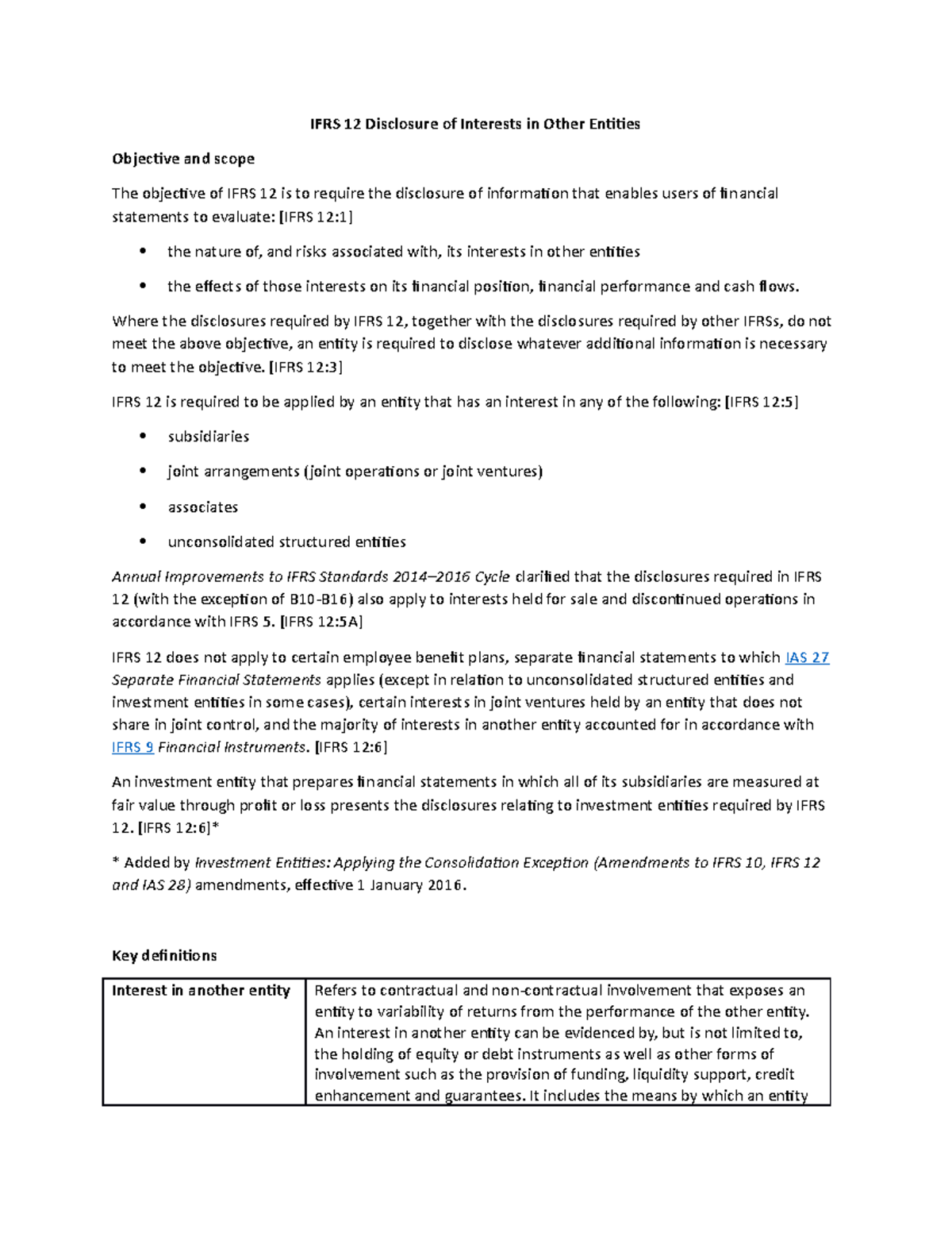 IFRS 12 ACCA SBR Notes IFRS 12 Disclosure Of Interests In Other