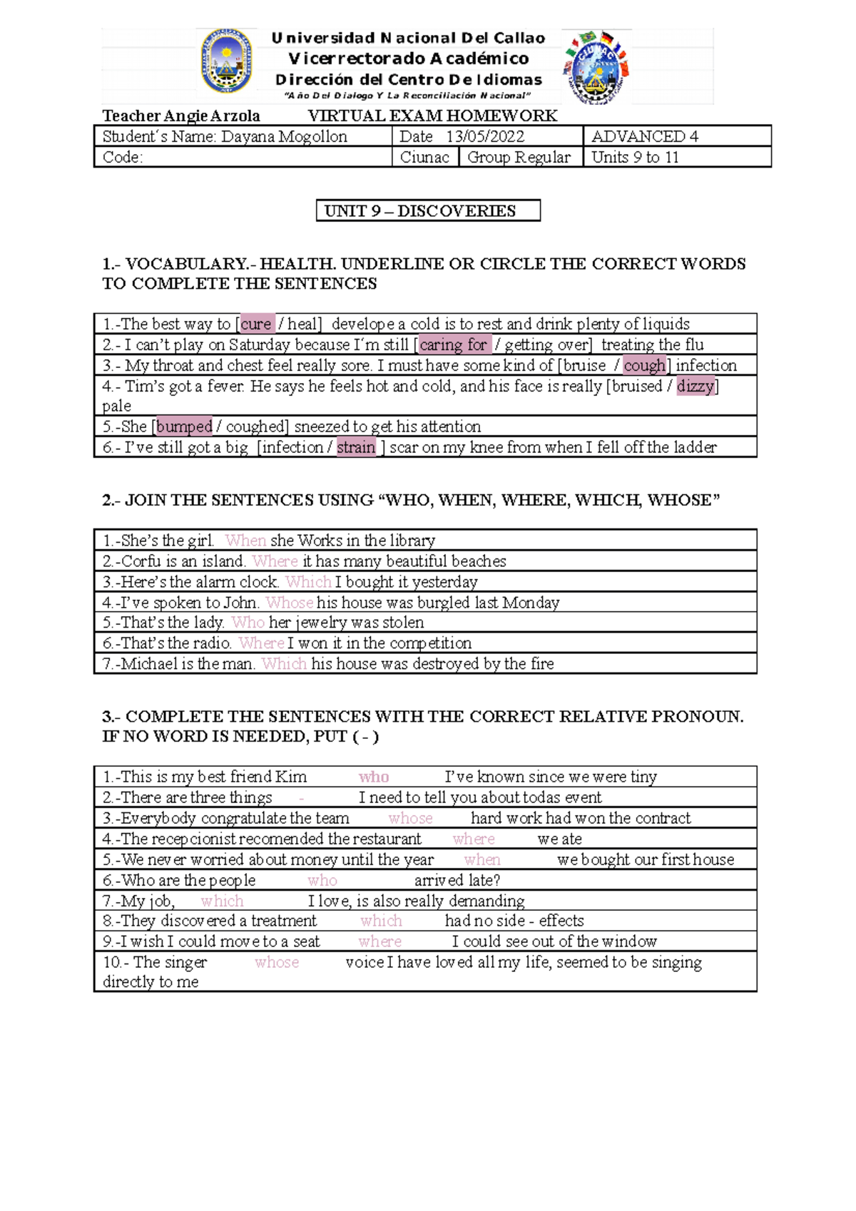 Virtual EXAM Homework Advanced 4 April 2022 - Teacher Angie Arzola ...