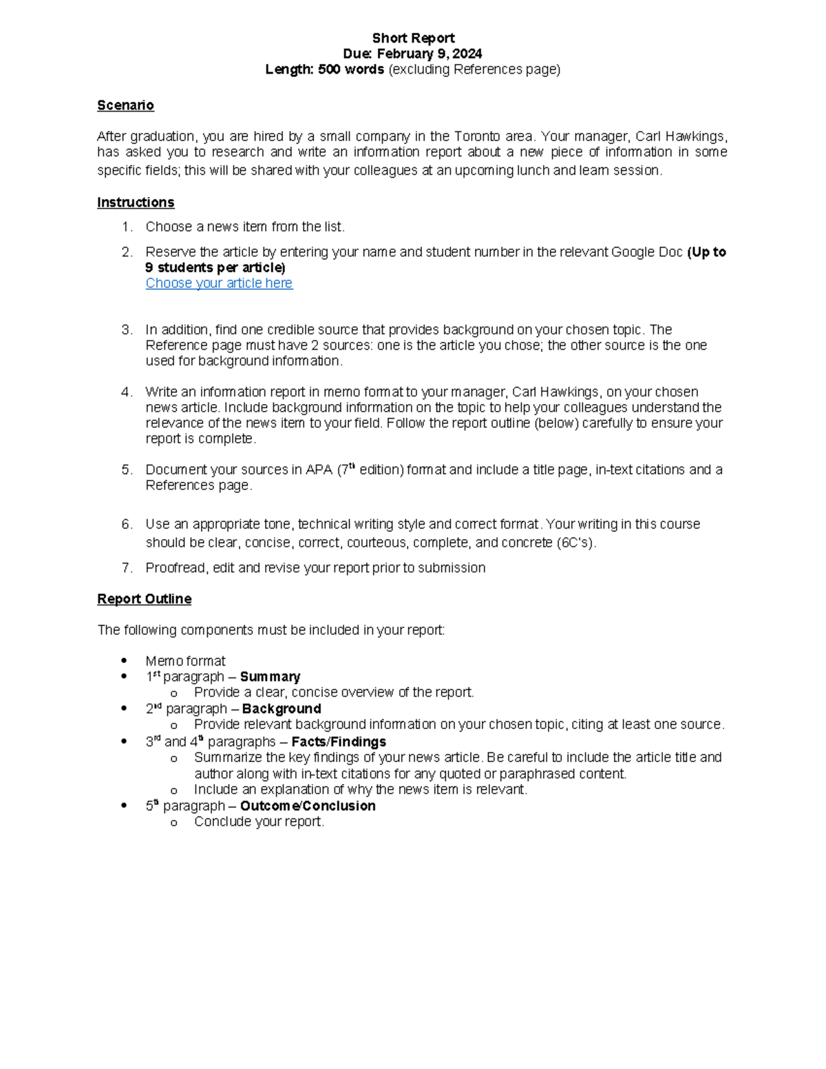 W24 ENGL 250 - Short Report - Short Report Due: February 9, 2024 Length ...