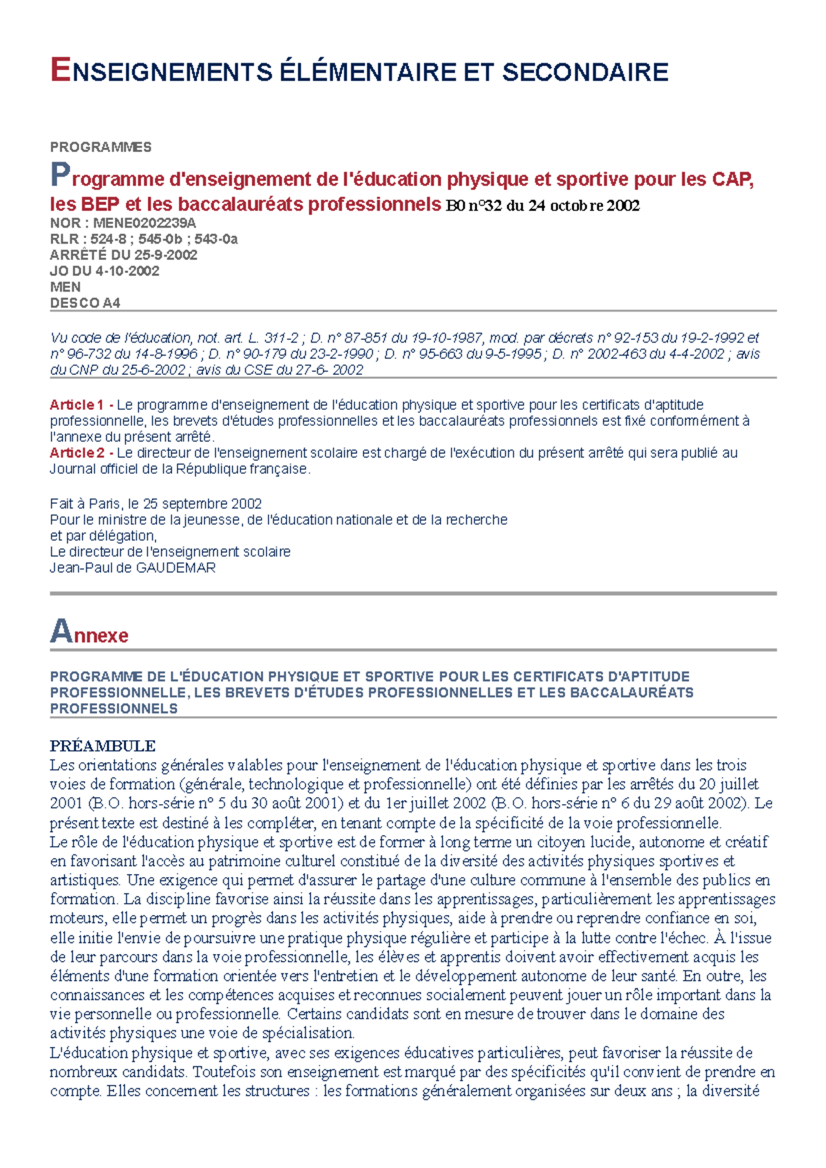 BO 32 du 24 octobre 2002 lycées pro - ENSEIGNEMENTS ÉLÉMENTAIRE ET SECONDAIRE PROGRAMMES ...