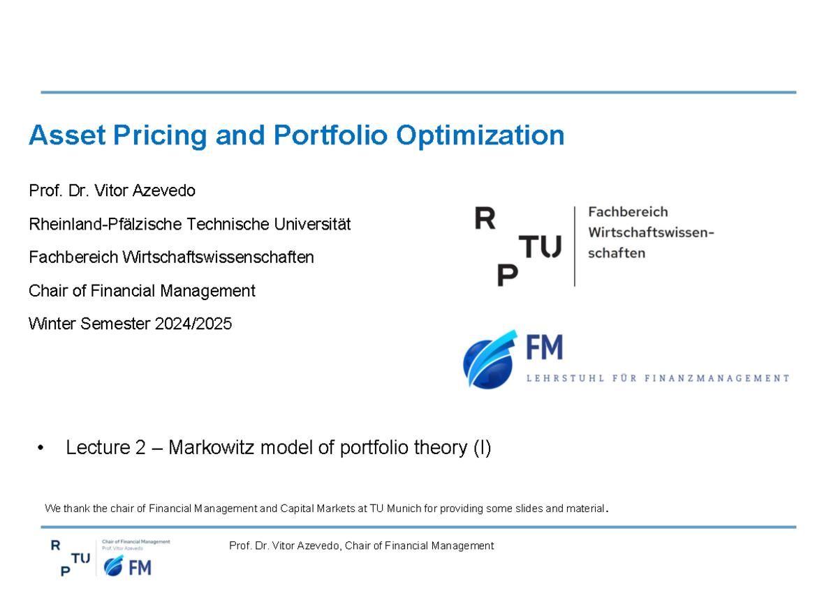 Lecture 2 - Markowitz model of portfolio theory - annotated - Asset ...