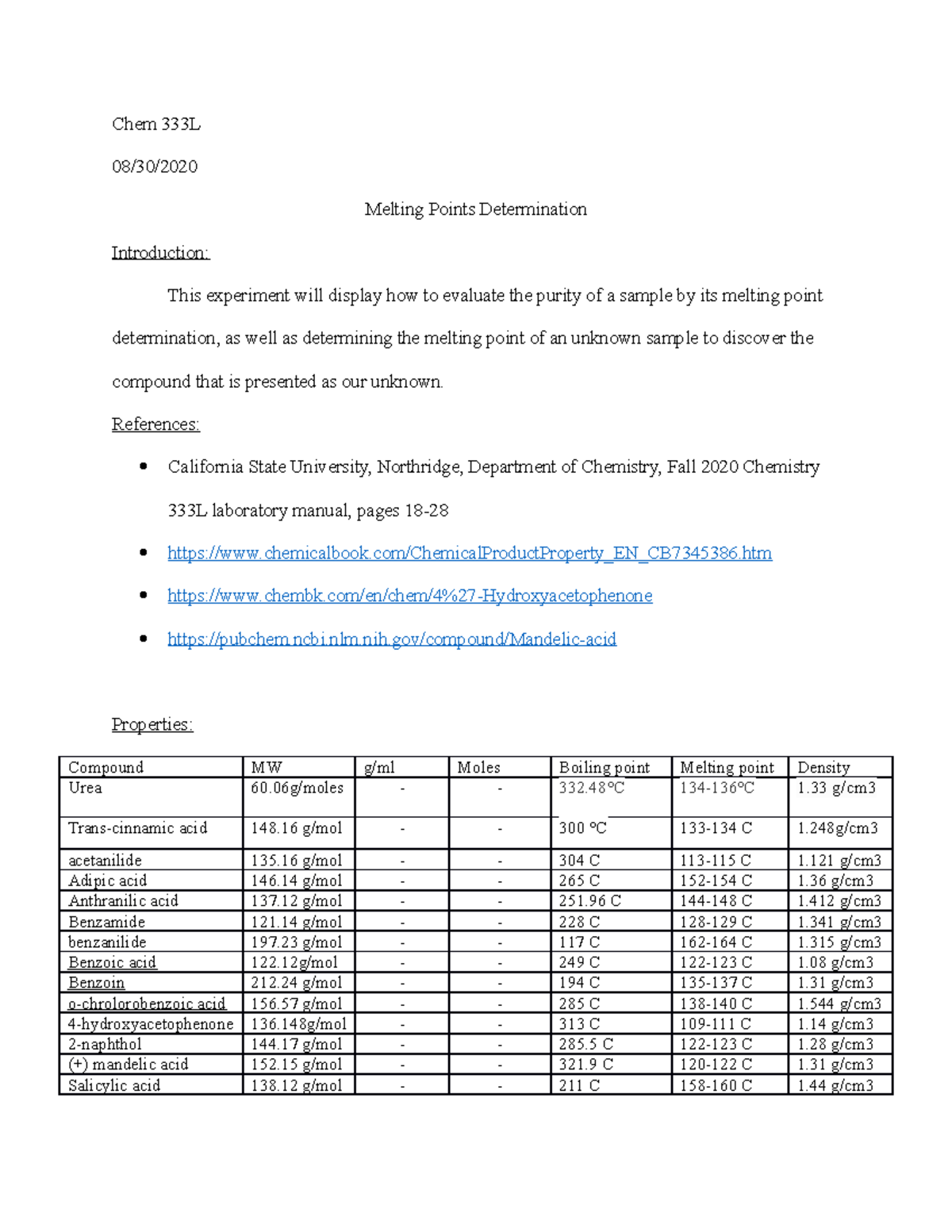 Melting Point Prelab - Chem 333L 08/30/ Melting Points Determination ...
