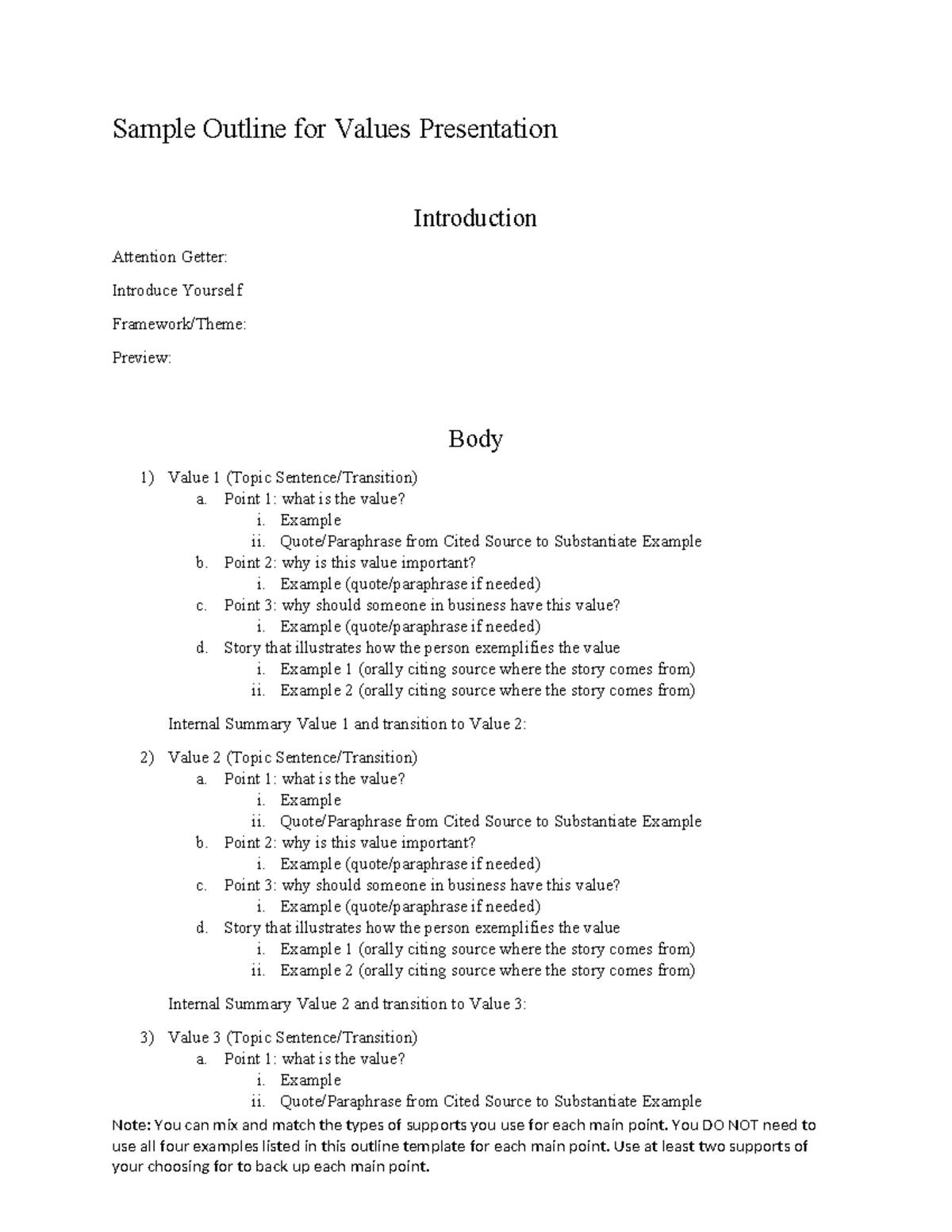Sample Outline for Values Presentation-1 - Sample Outline for Values ...