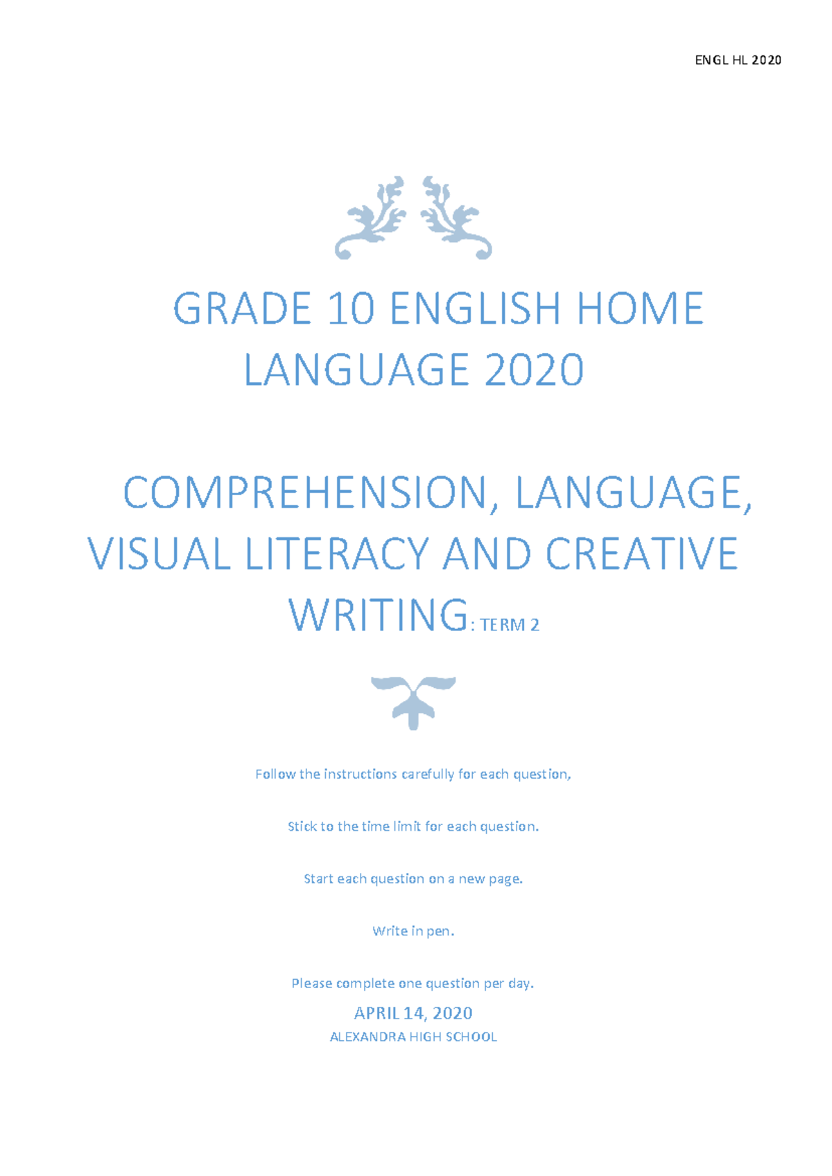 Mock Paper 4 - Study - ENGL HL 2020 GRADE 10 ENGLISH HOME LANGUAGE 2020 ...