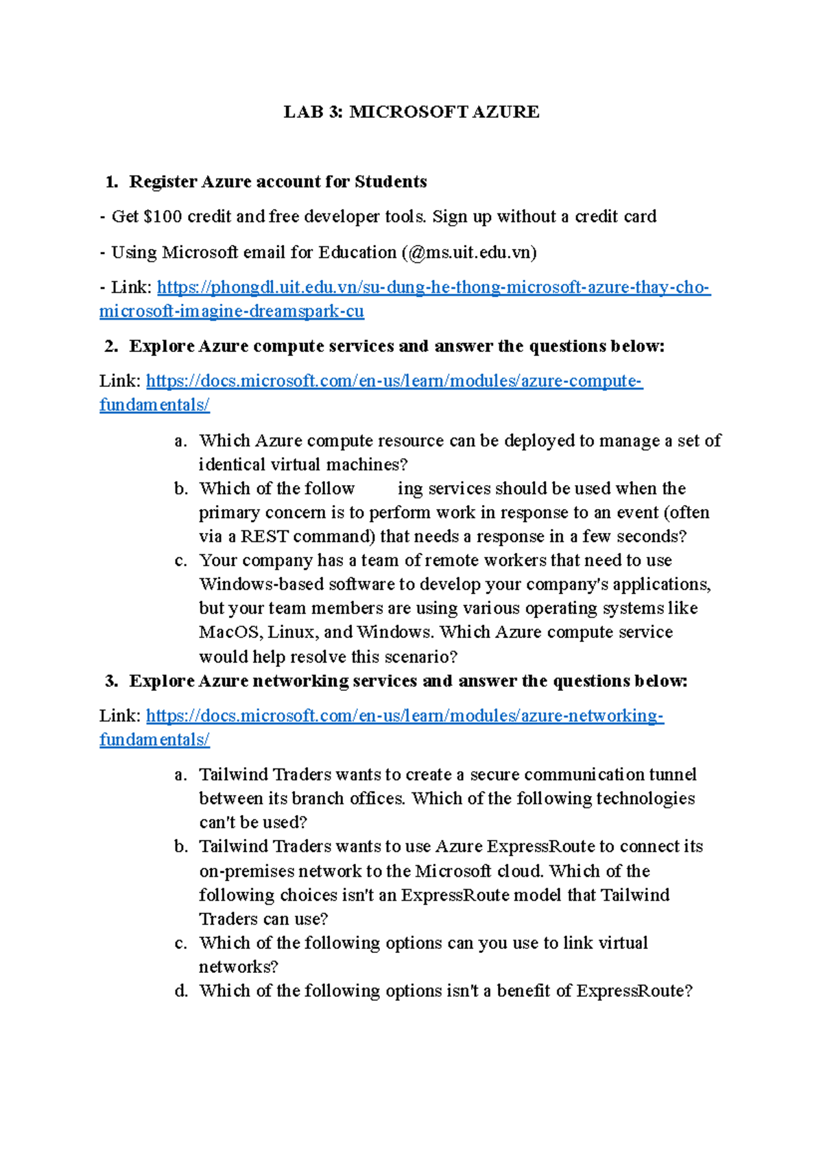 Lab 3 - Microsoft Azure - LAB 3: MICROSOFT AZURE 1. Register Azure ...