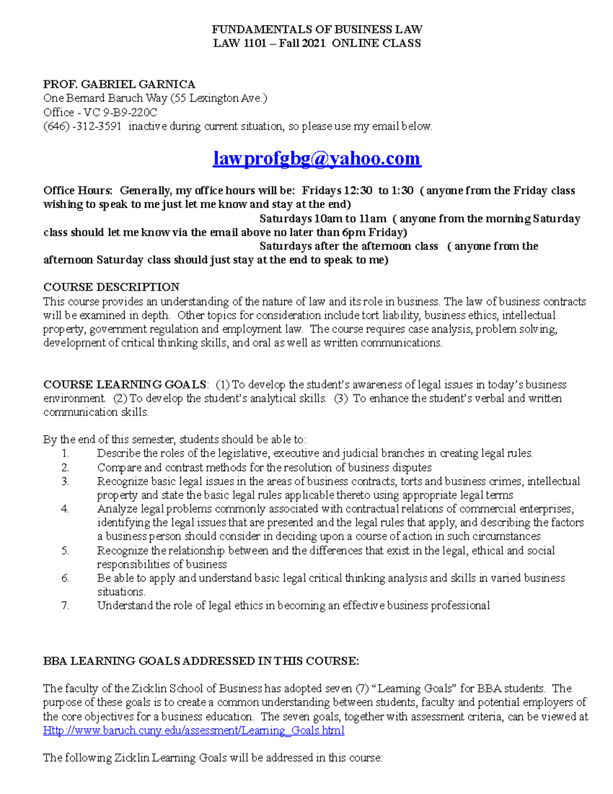 2021 Fallcourseinformationsheet (29) - FUNDAMENTALS OF BUSINESS LAW LAW ...