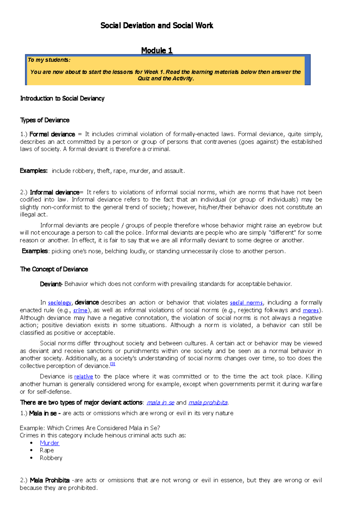1ST Prelim Coverage SW 106 - Social Deviation and Social Work Module 1 ...