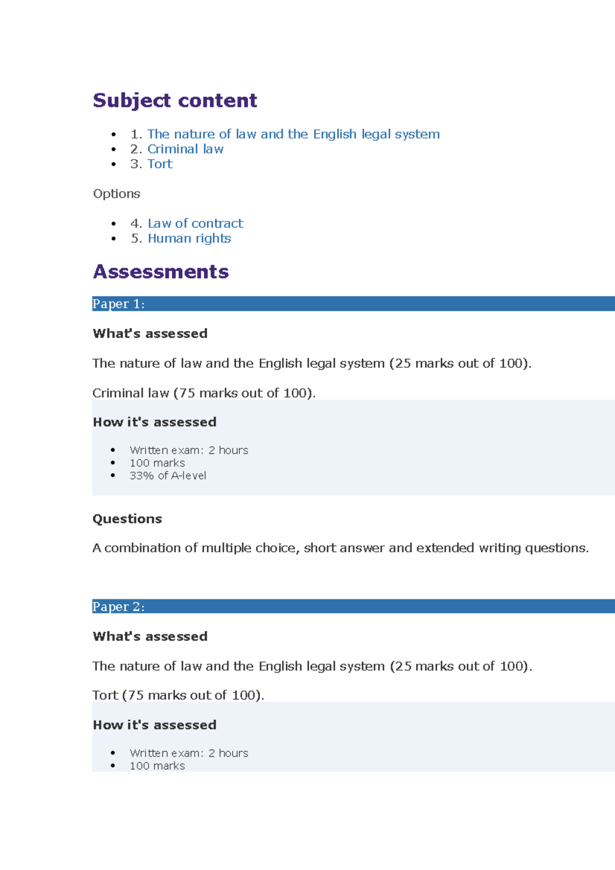 Subject content for a level law - Subject content 1. The nature of law ...