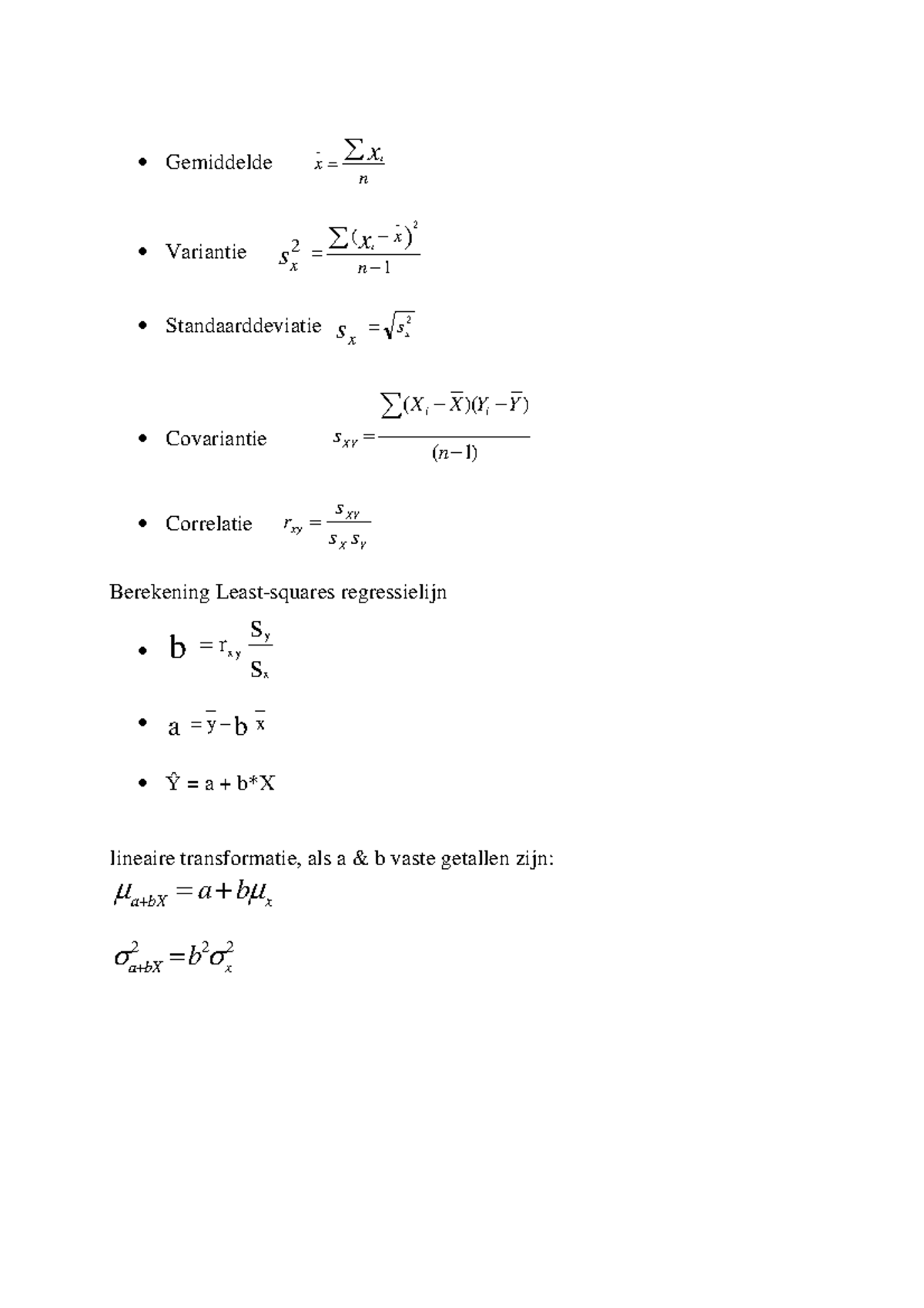 Formuleblad Statistiek 1A - Gemiddelde n x ∑xi = _ Variantie 1 ( 2 ...
