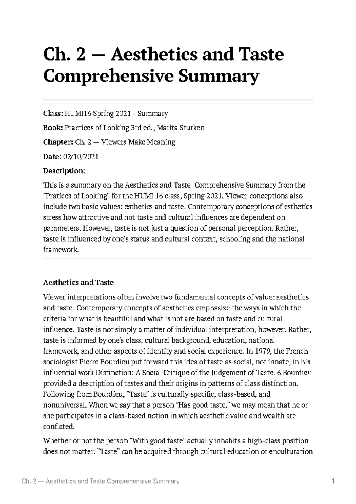 Ch. 2 — Aesthetics and Taste Comprehensive Summary - Ch. 2 — Aesthetics ...