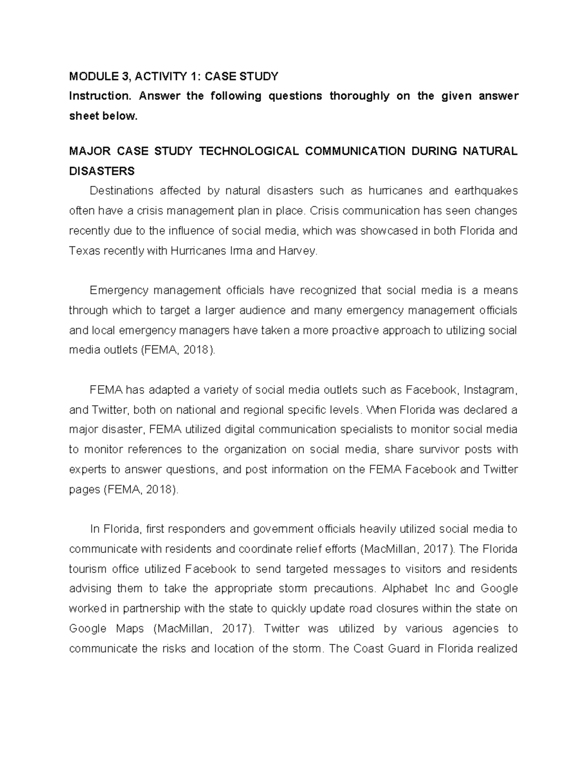 Module 3-CASE Study - MODULE 3, ACTIVITY 1: CASE STUDY Instruction. Answer the following ...