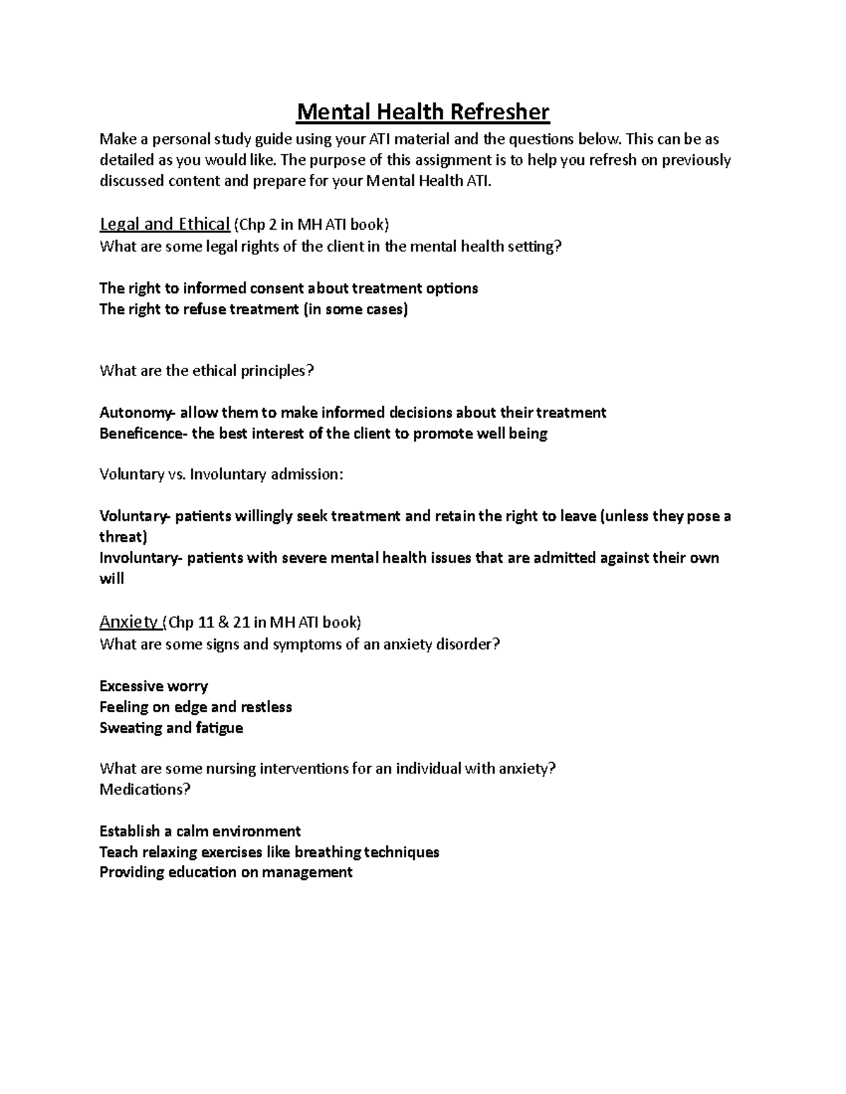 MH Refresher for ATI - Mental Health Refresher Make a personal study ...