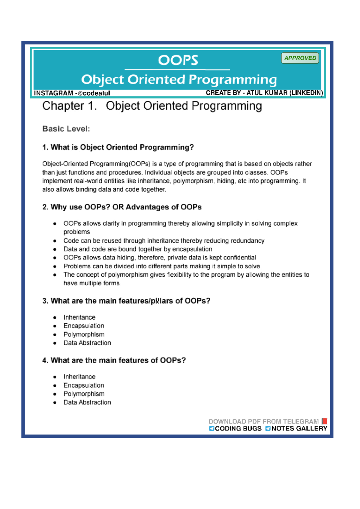 OOPS Important Questions - OOPS APPROVED Object Oriented Programming INSTAGRAM CREATE ATUL KUMAR ...