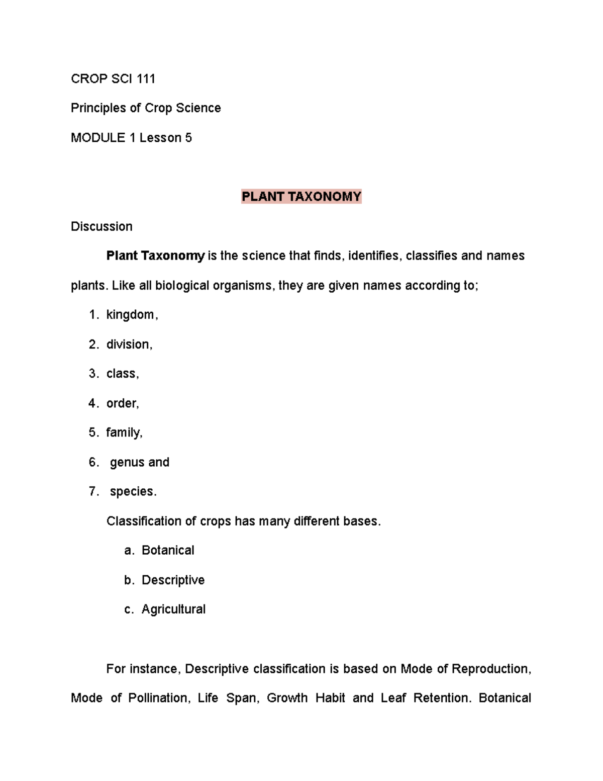 Plant Taxonomy CROP Science CROP SCI 111 Module 1 Lesson 5 - CROP SCI ...