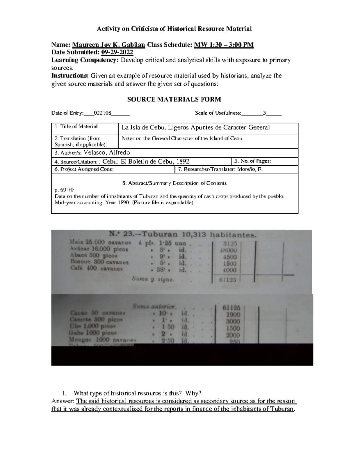 Maureen JOY Gabilan - Critical Analysis of Historical Resource Material ...