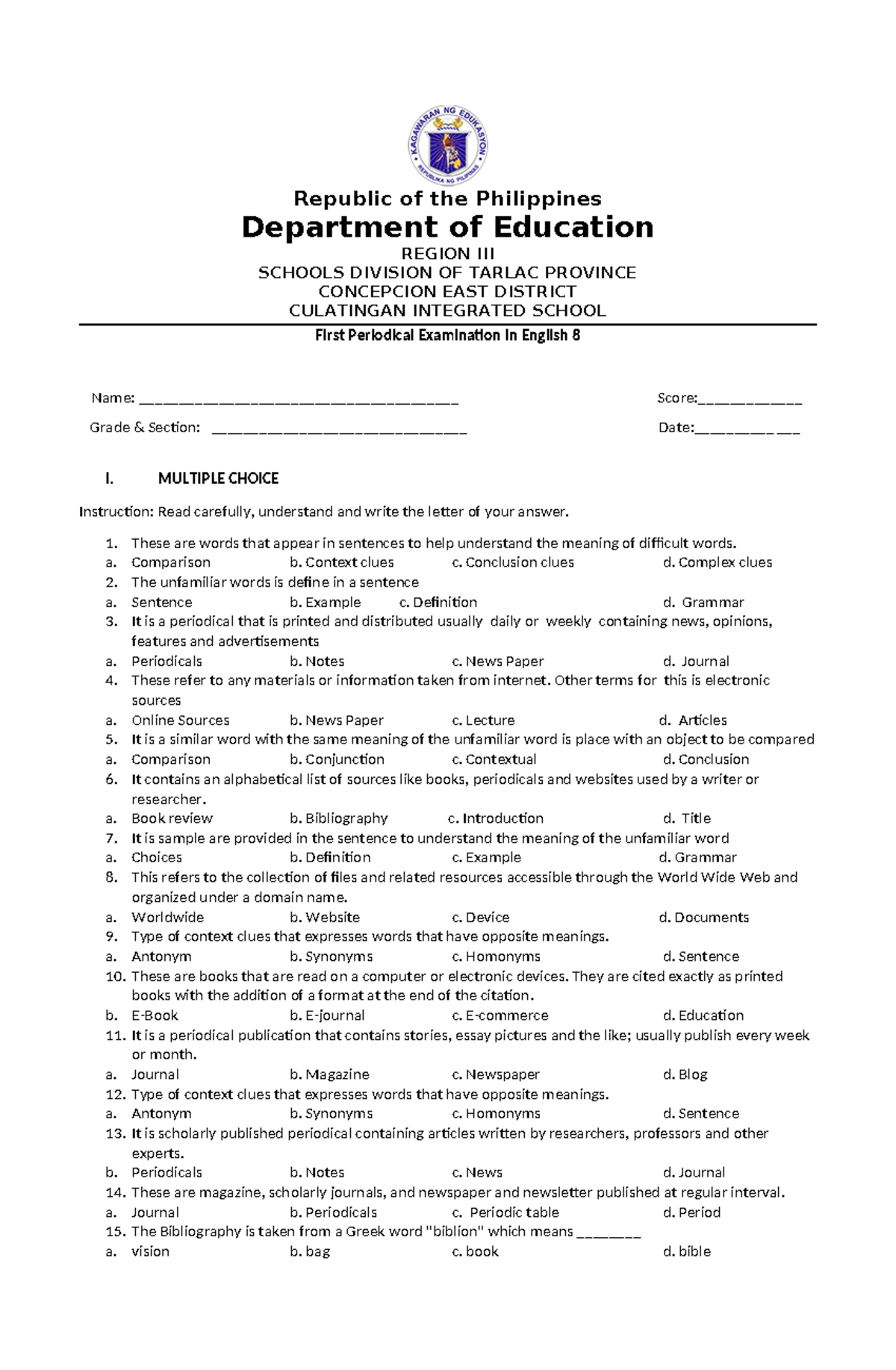 1ST Quarter Examination Grade 8 English - Republic of the Philippines ...