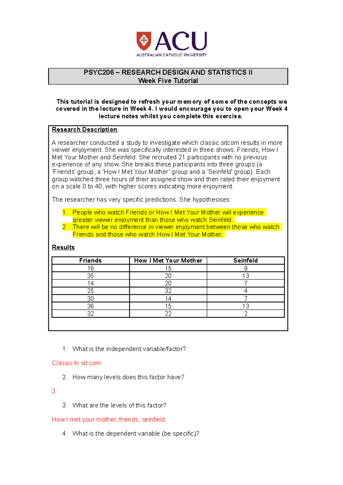 PSYC206 Research Design and Statistics - Week 5 Tutorial Activity ...