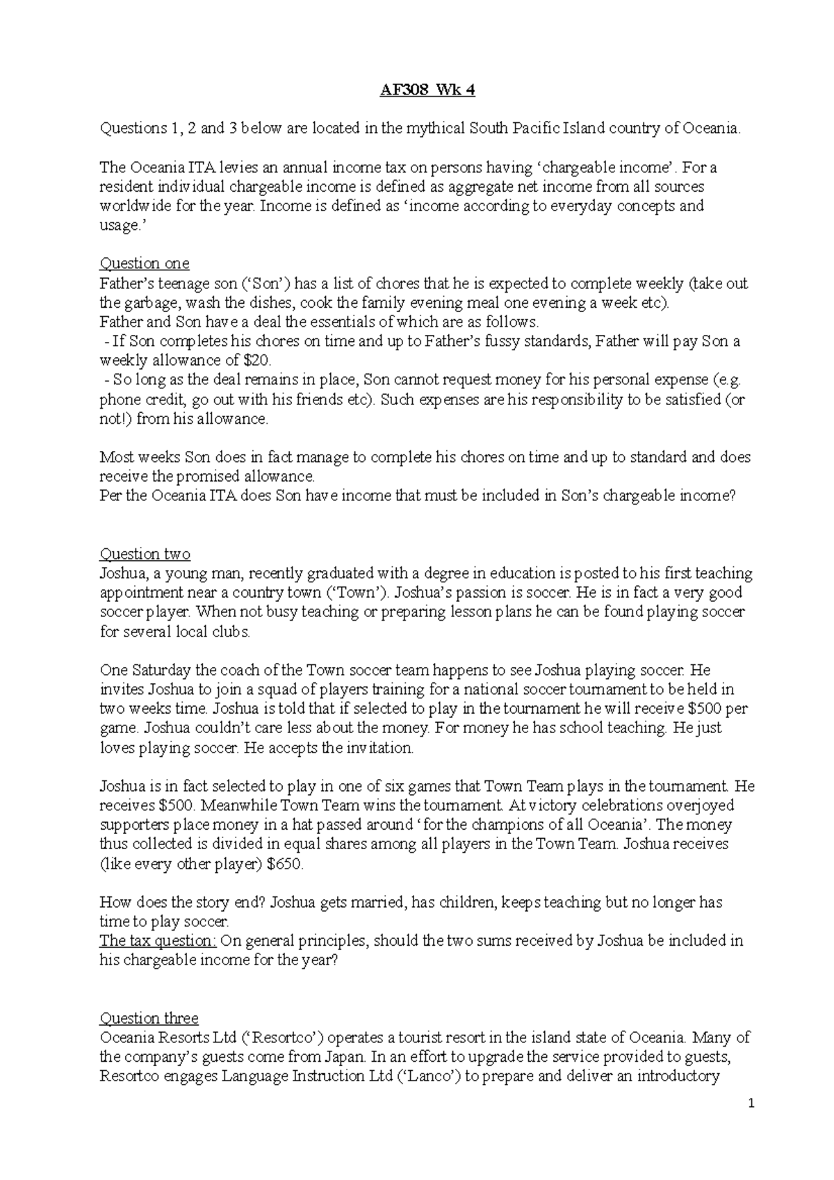 Af308 wk 04 tut - Week 4 tutorial question and solution - AF308 Wk 4 Questions 1, 2 and 3 below ...