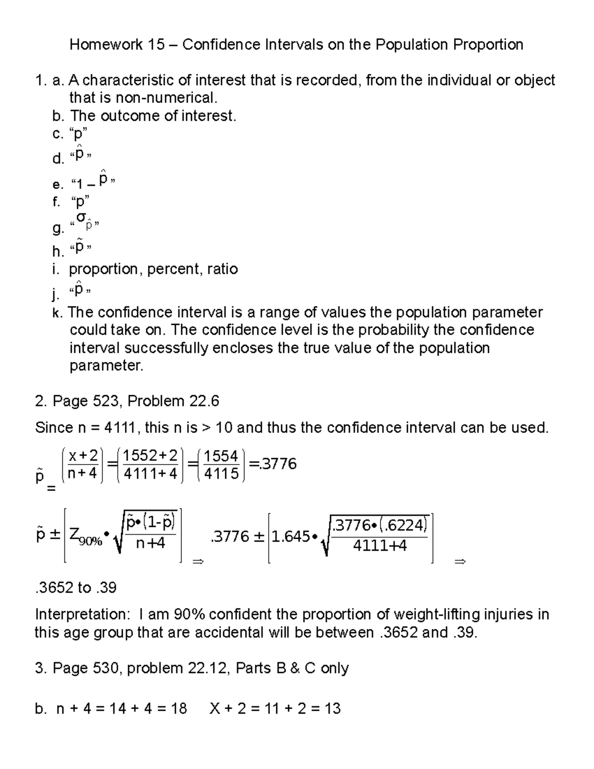 31-HW 15Answers CI on p - Homework - Homework 15 – Confidence Intervals ...
