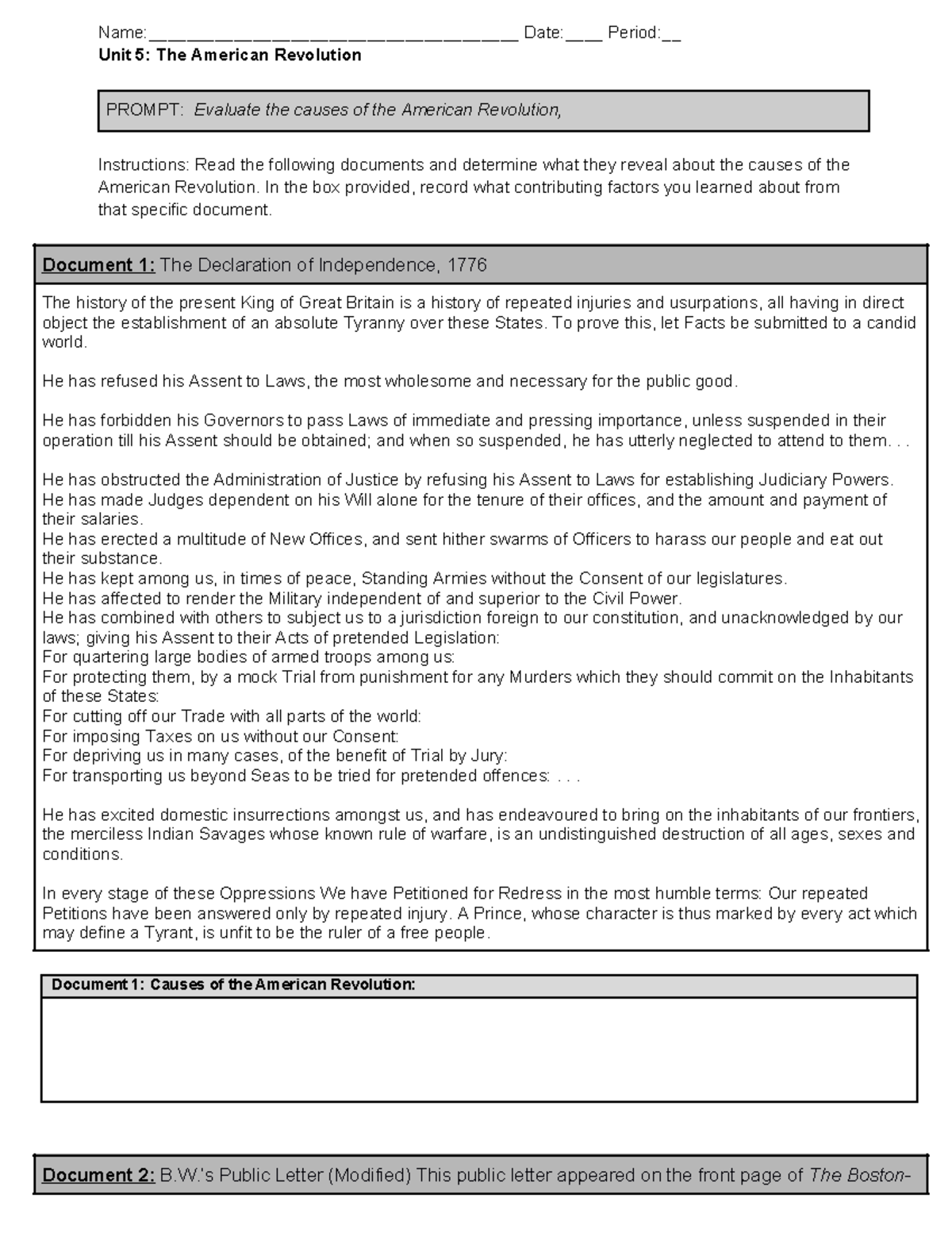 Unit 5 American Revolution Practice DBQ - Name ...