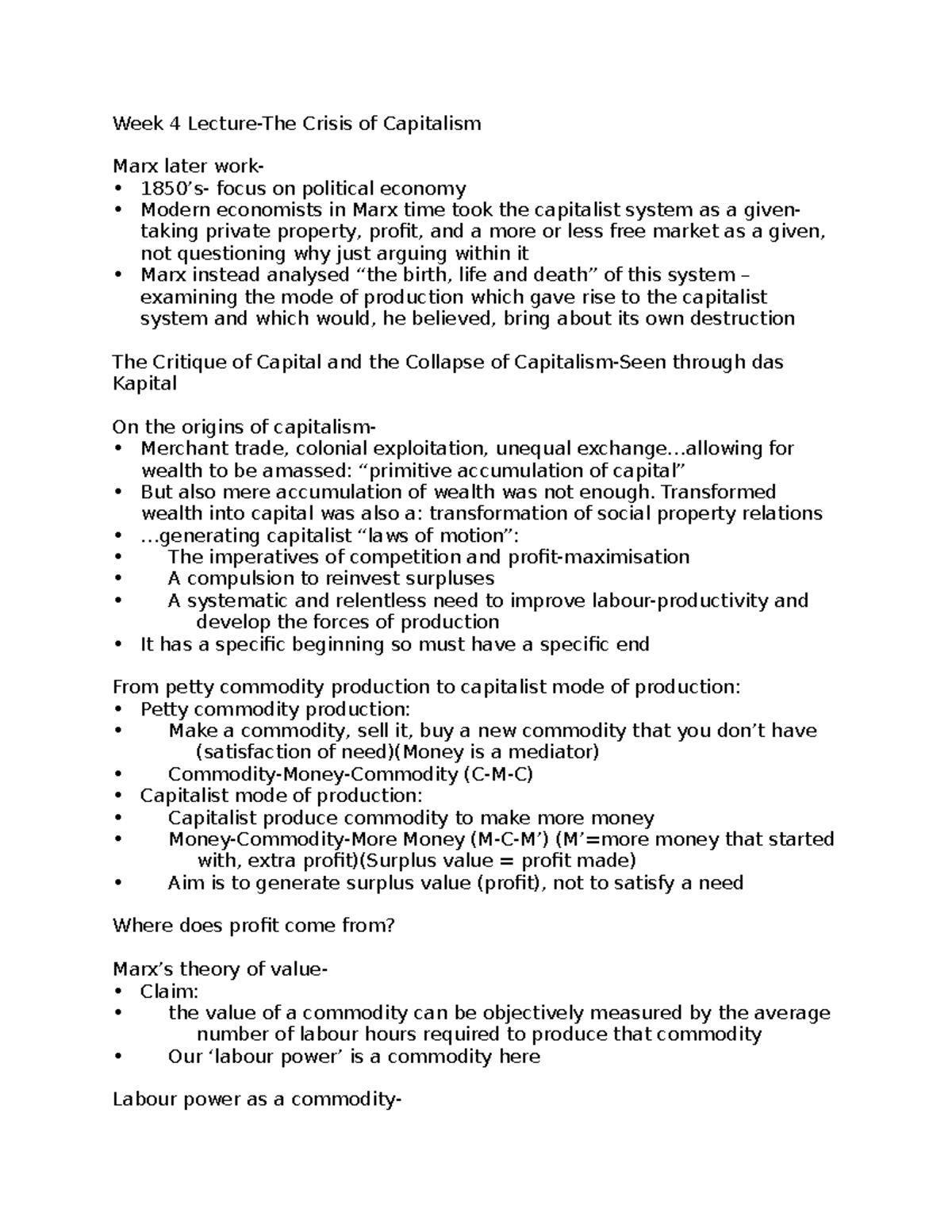 Crisis of Capitalism - Lecture notes - Week 4 Lecture-The Crisis of ...