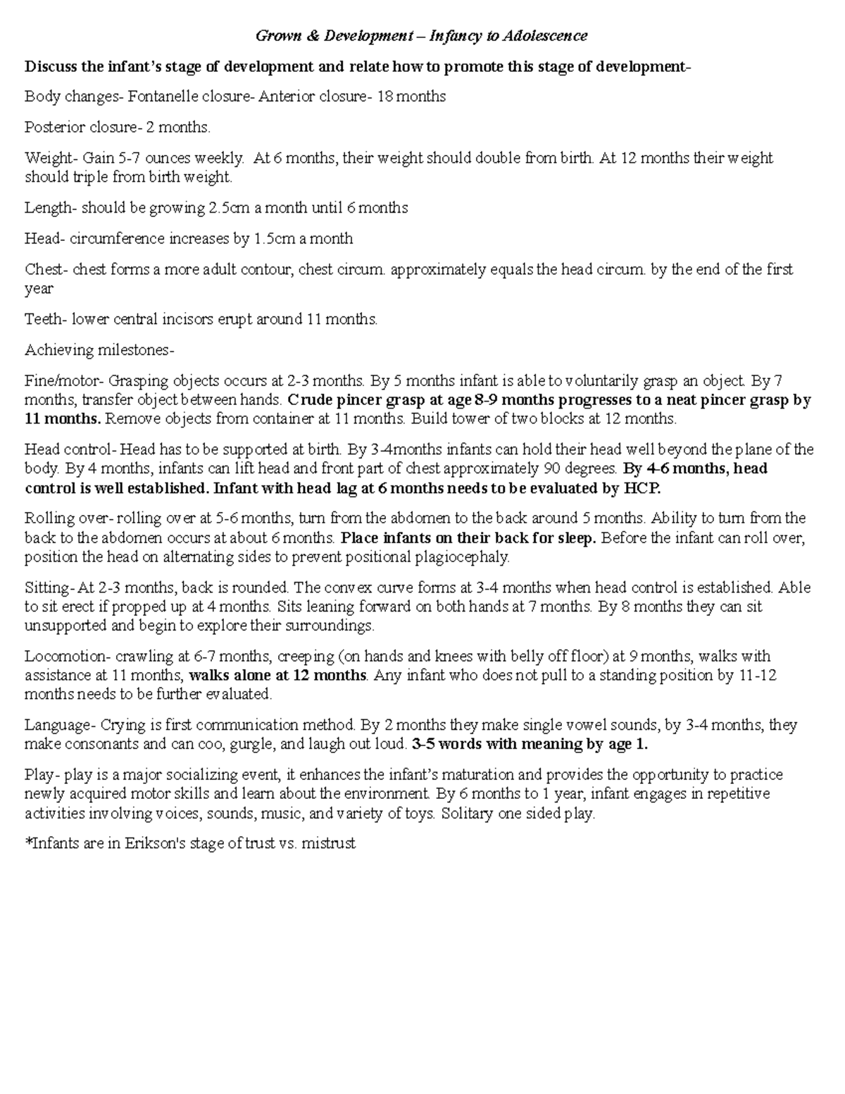 PEDI TEST 1 - PEDI Test 1 BP - Grown & Development – Infancy to ...