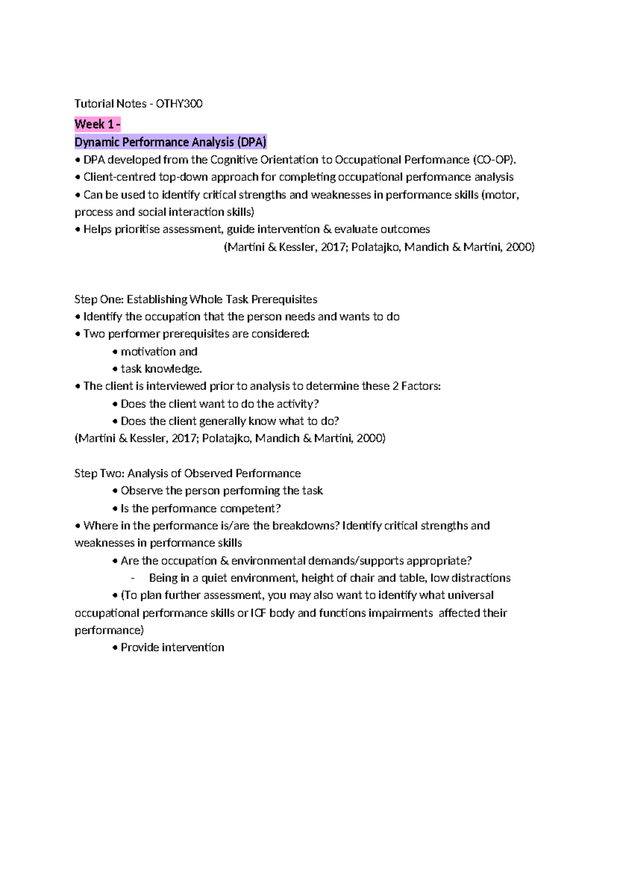 Tutorial - OTHY300 - Tutorial Notes - OTHY Week 1 - Dynamic Performance ...