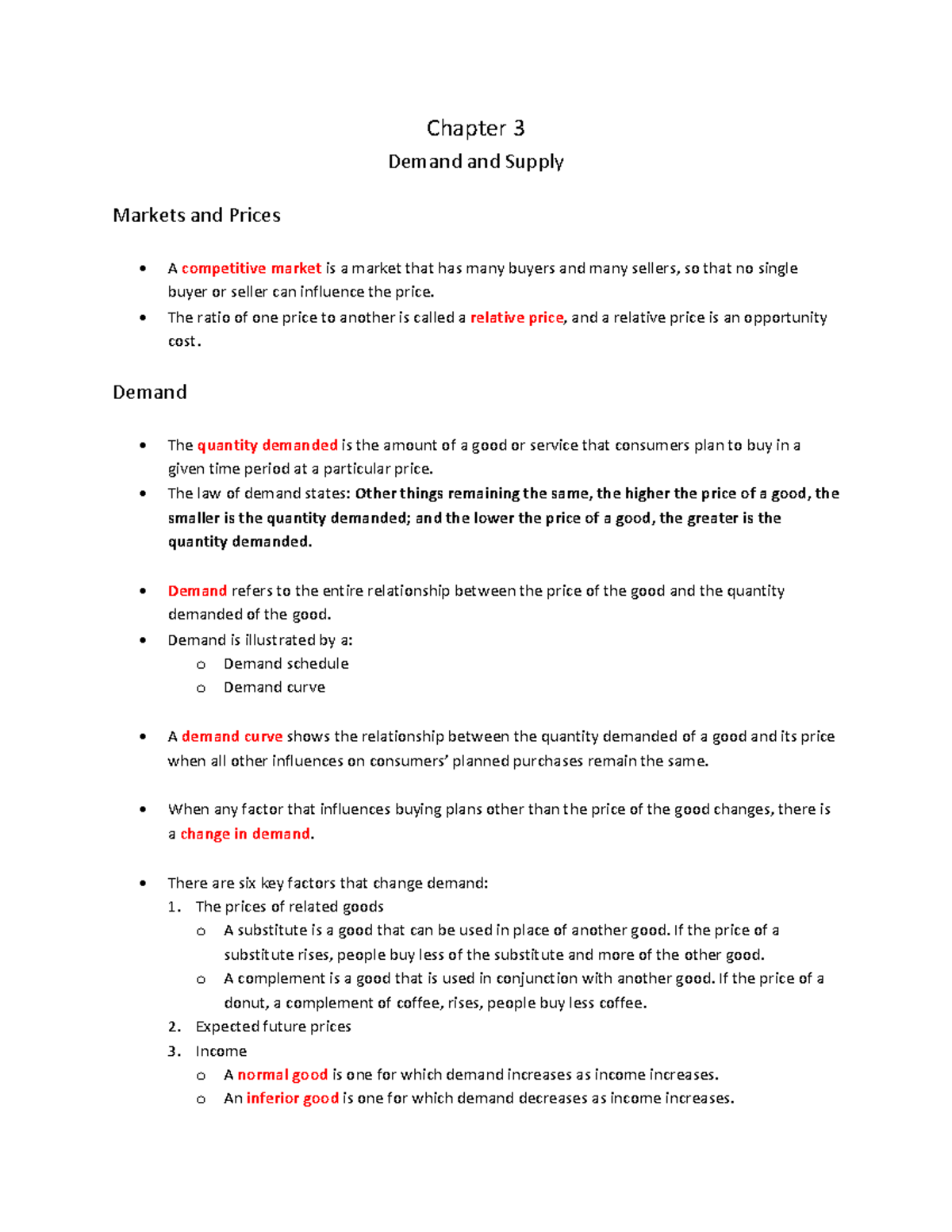 Chapter 3 - Notes - Chapter 3 Demand and Supply Markets and Prices A ...