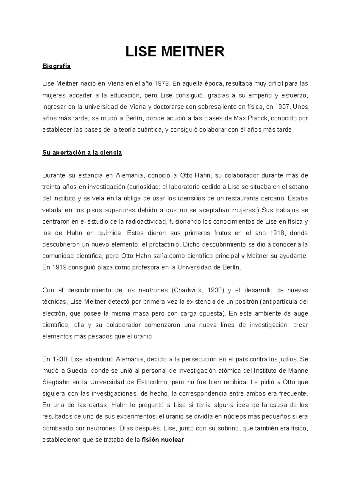 Lise Meitner - Trabajo tutoría - LISE MEITNER Biografía Lise Meitner ...