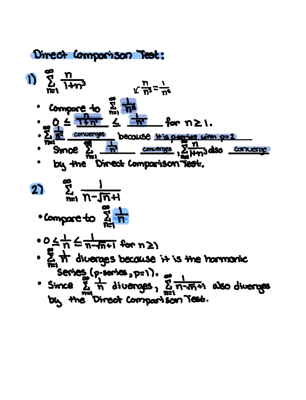 Limit Comparison And Direct Comparison Test Notes MATH 143 SLU 