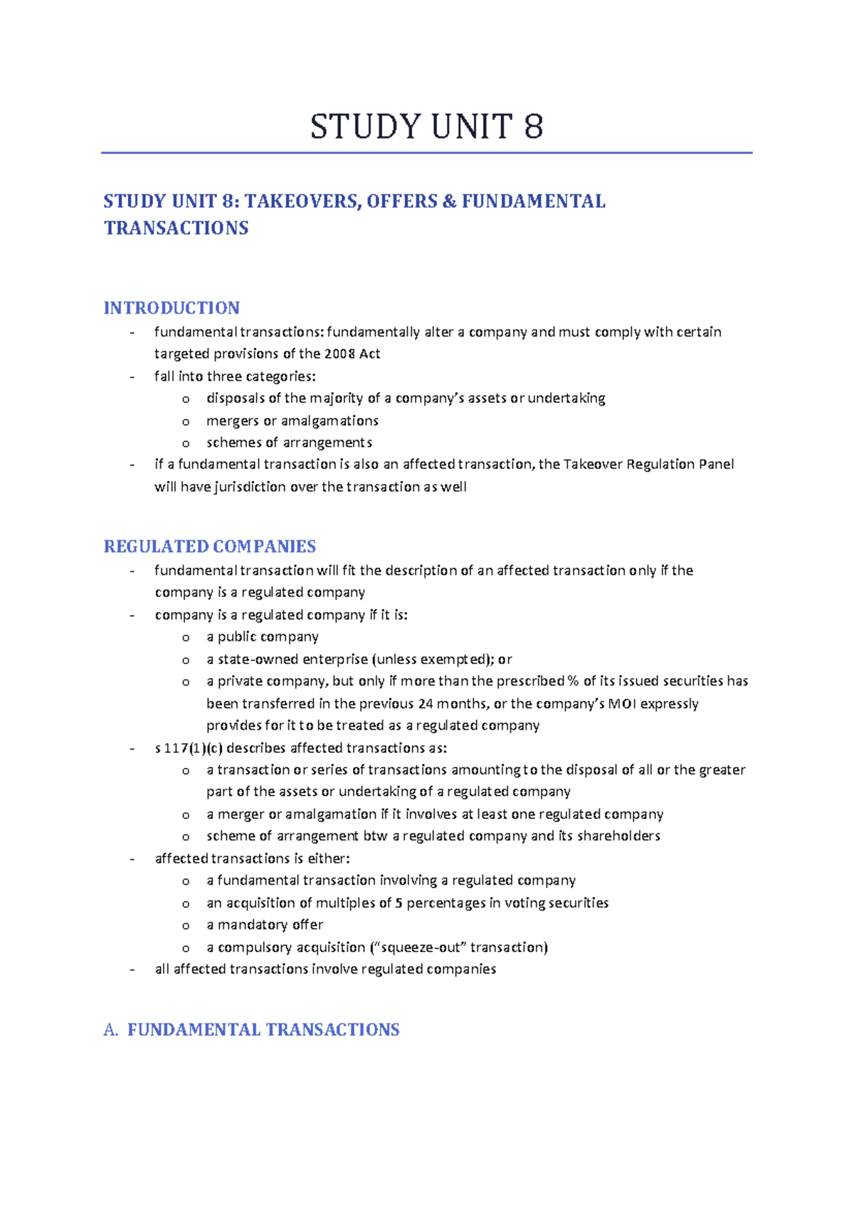 LML4806 Study Unit 8 - Summary Company Law - STUDY UNIT 8 STUDY UNIT 8: TAKEOVERS, OFFERS ...