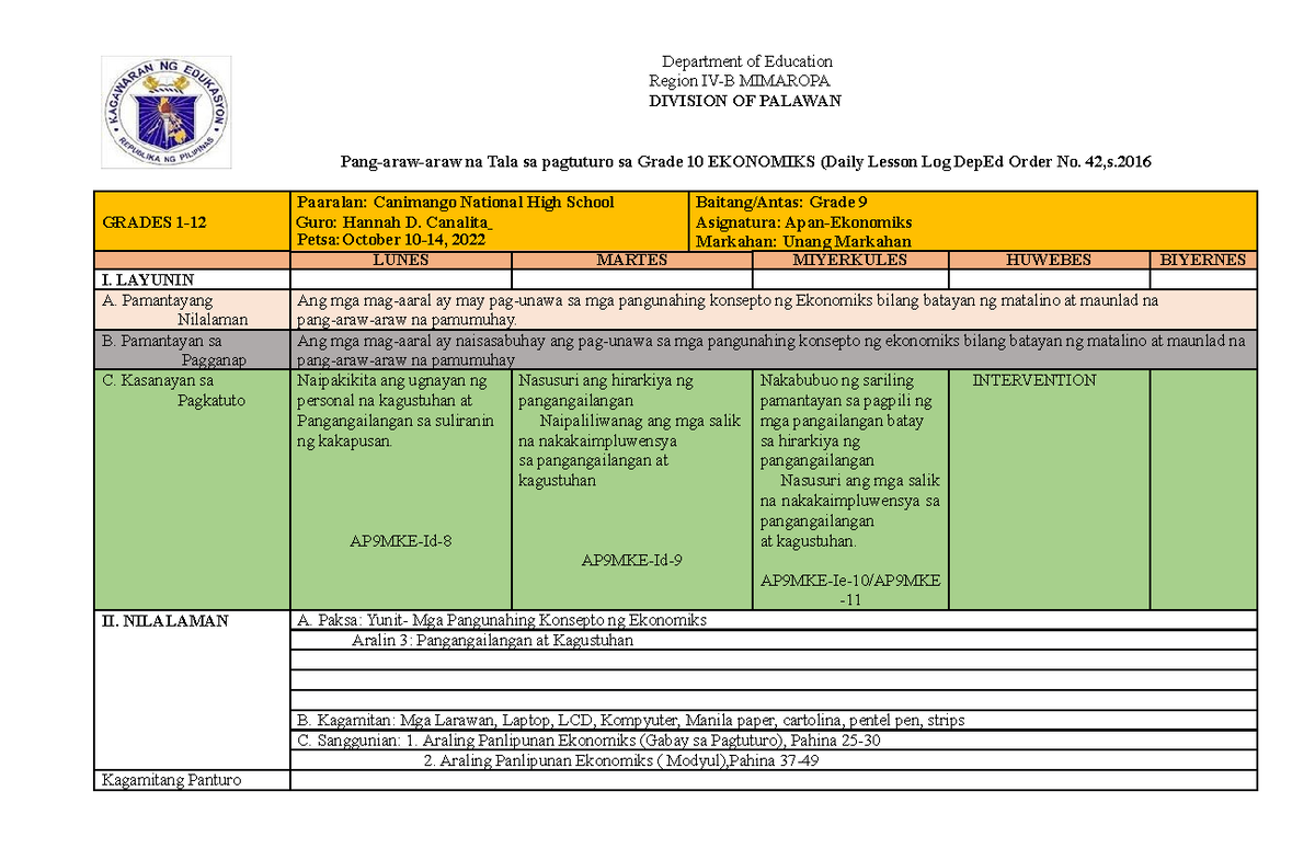 Apan 9 DLL - Daily Lesson Plan - Department of Education Region IV-B MIMAROPA DIVISION OF ...
