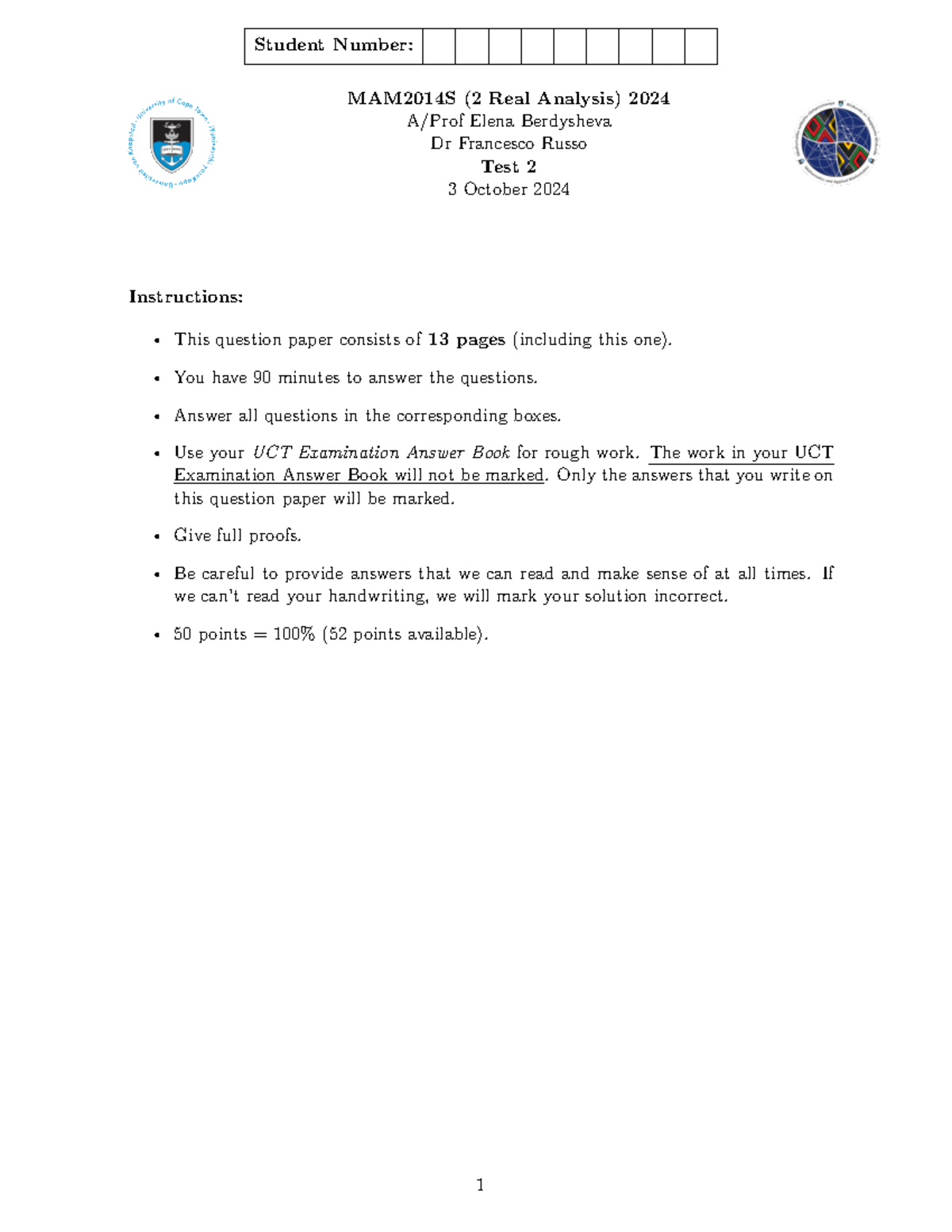 Test 2 2024 - Real Analysis Test 2 2024 - MAM2014S (2 Real Analysis ...