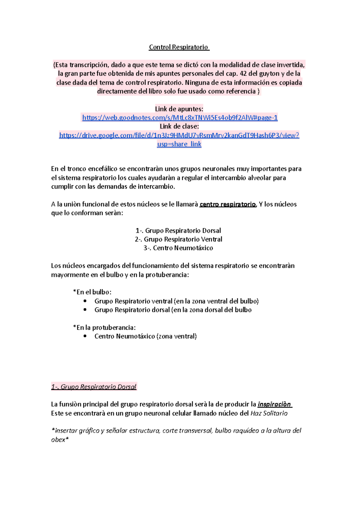 Control Respiratorio Resumen - Control Respiratorio (Esta transcripción ...