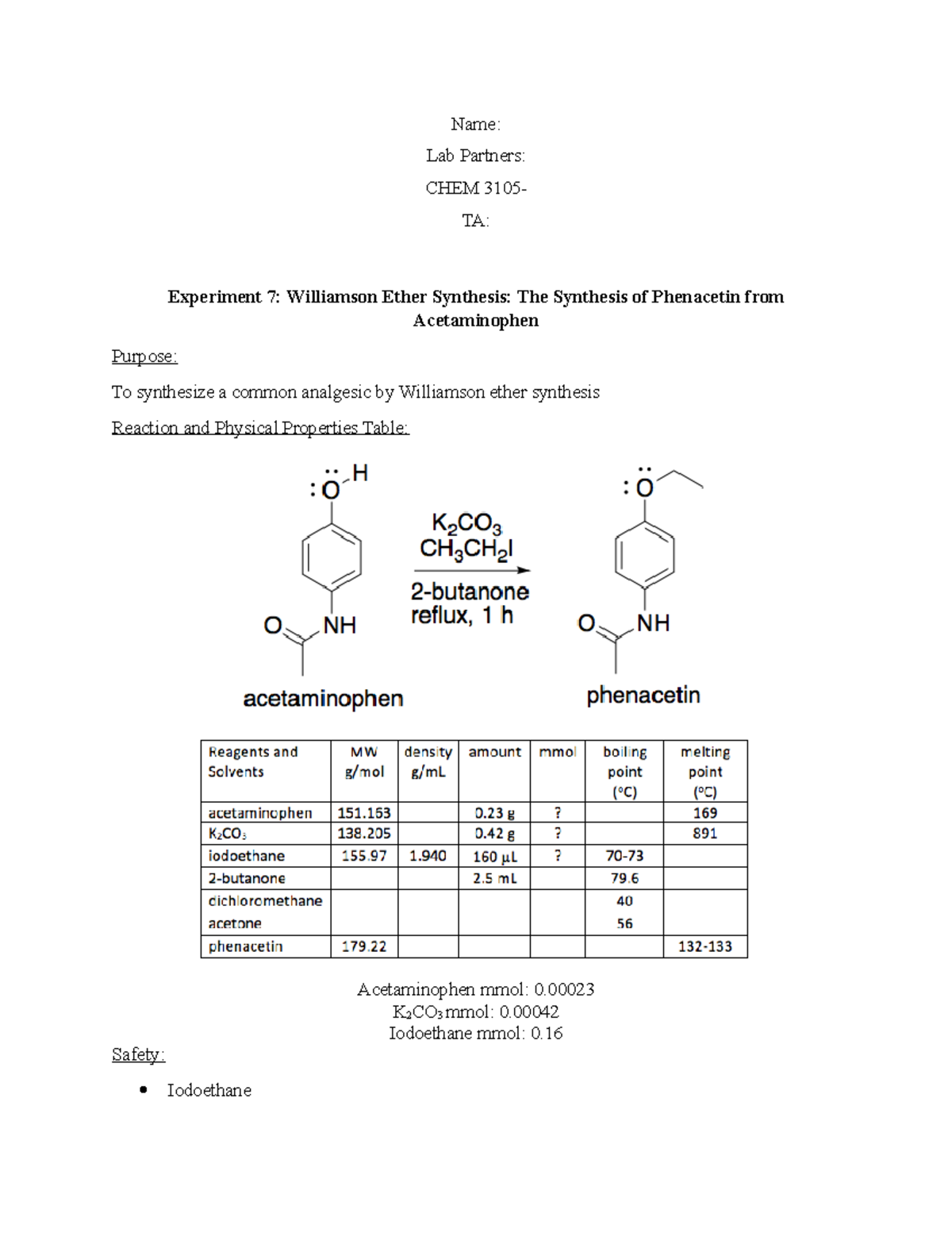 Exp. 7 Lab Report - Williamson Ether Synthesis: The Synthesis of ...