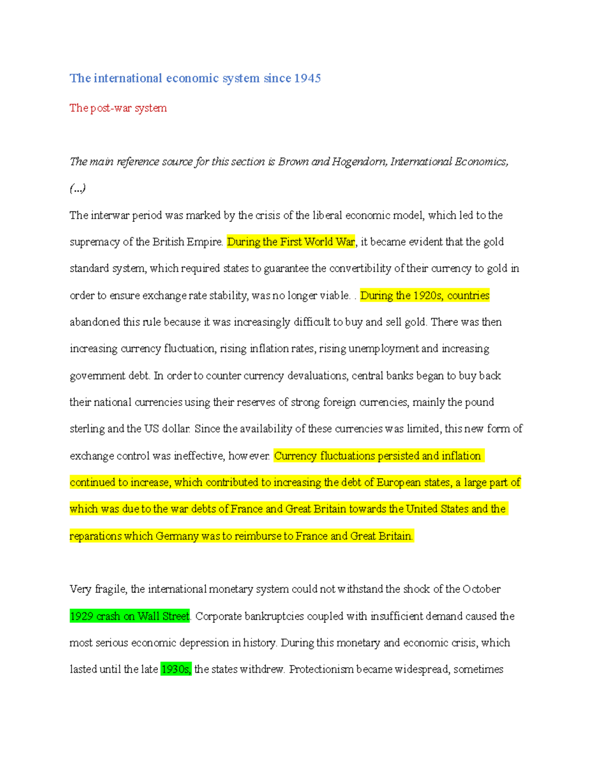 The international economic system since 1945 - ..) The interwar period ...