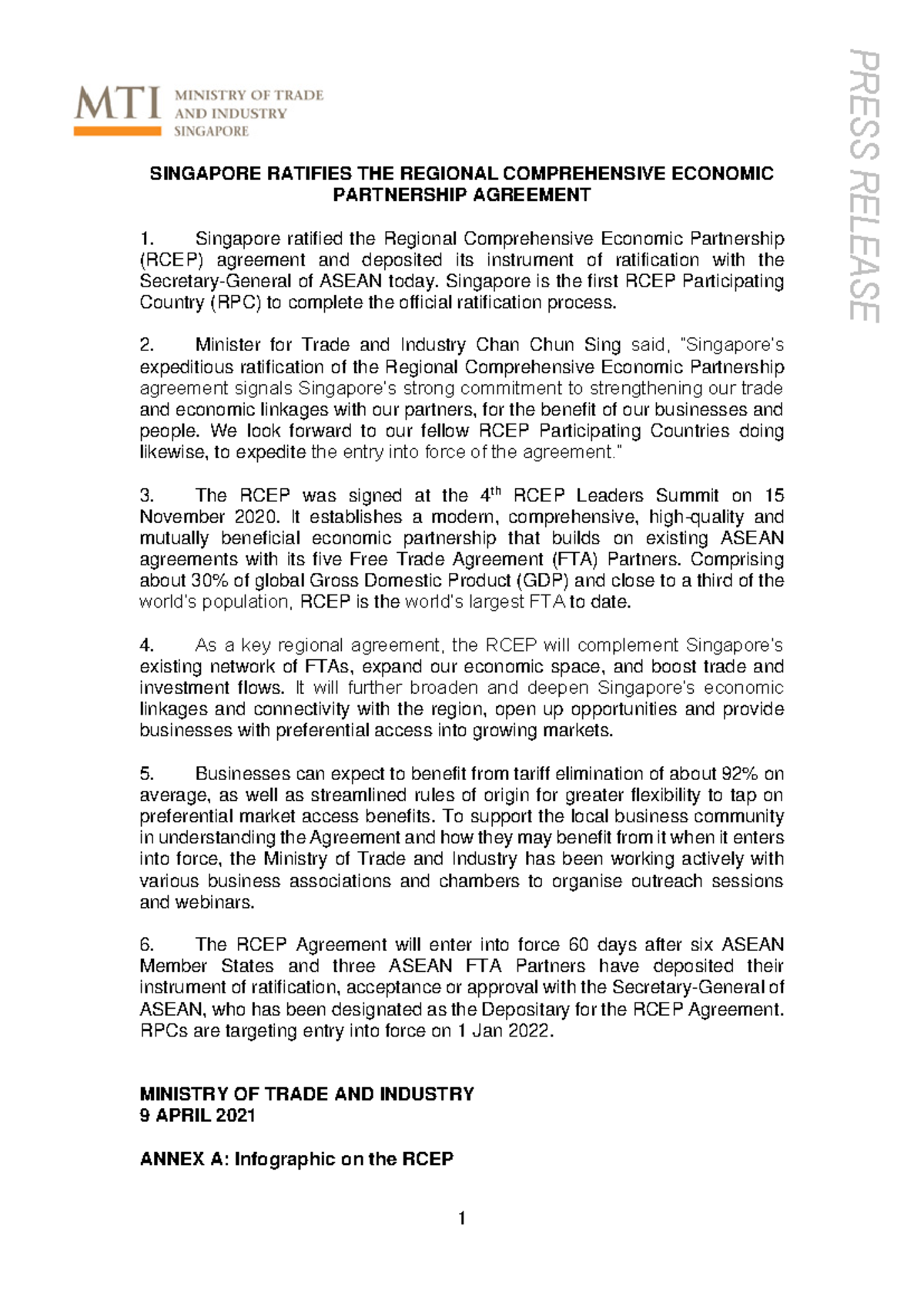Press Release on Ratification of the RCEP - 1 PRESS RELEASE SINGAPORE RATIFIES THE REGIONAL ...