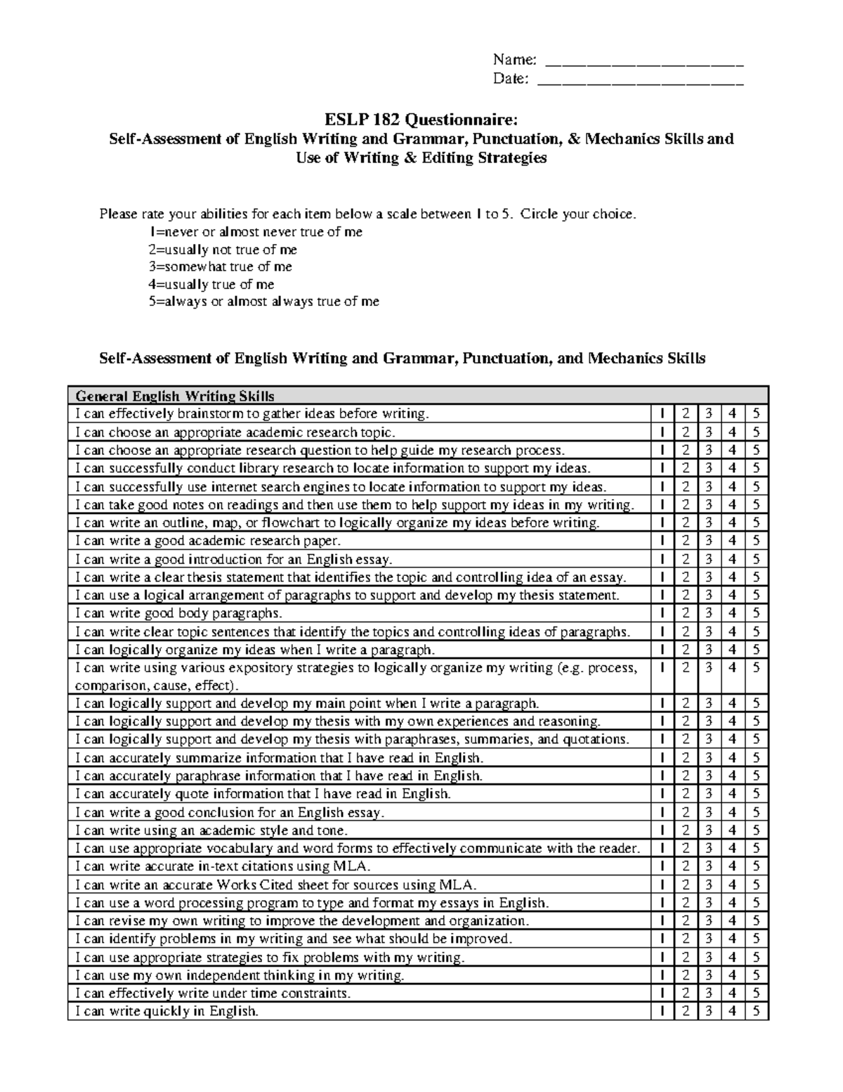 Linguistic Skills Questionnaire - Name: ________________________ Date
