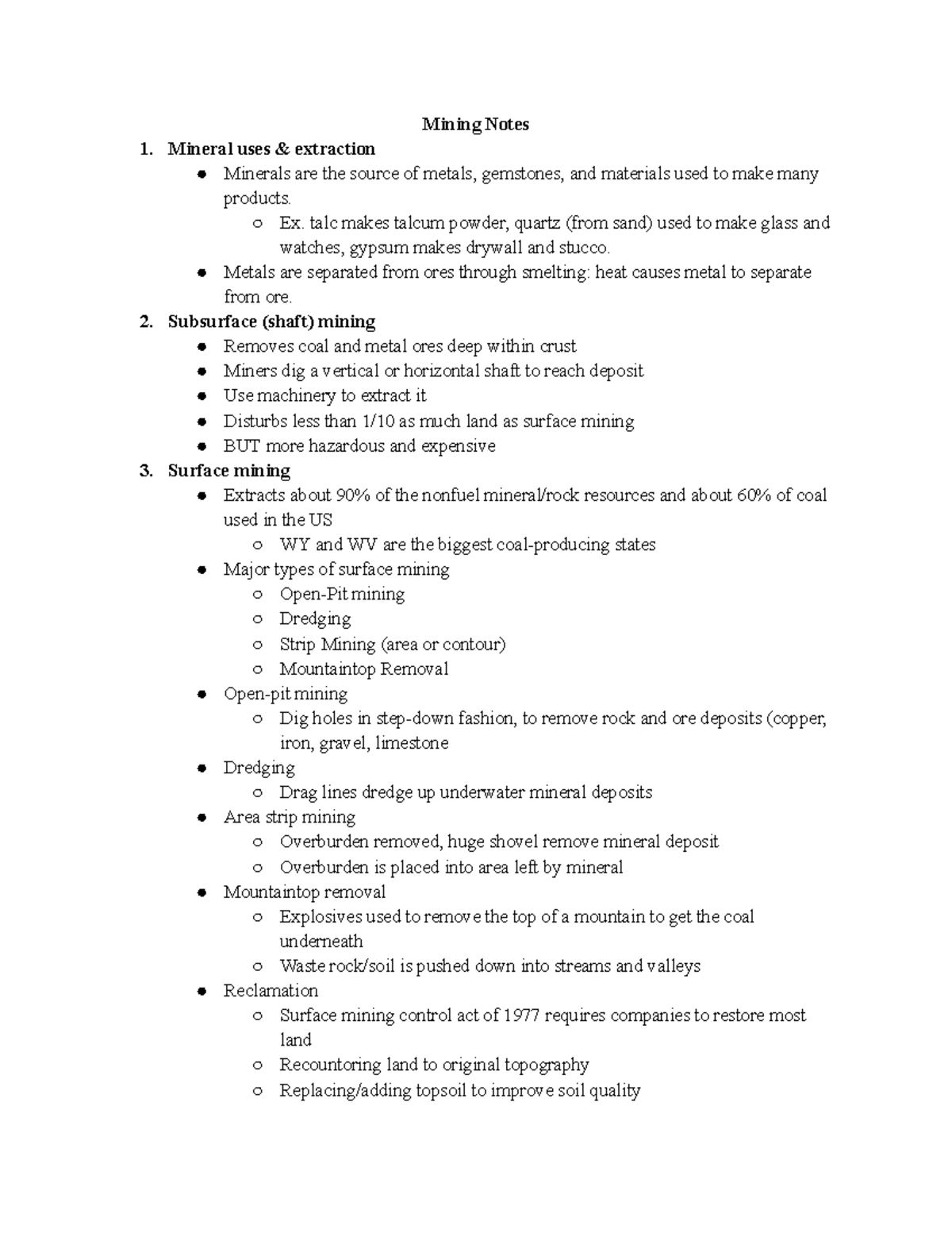 Mining notes - Mining Notes Mineral uses & extraction Minerals are the ...